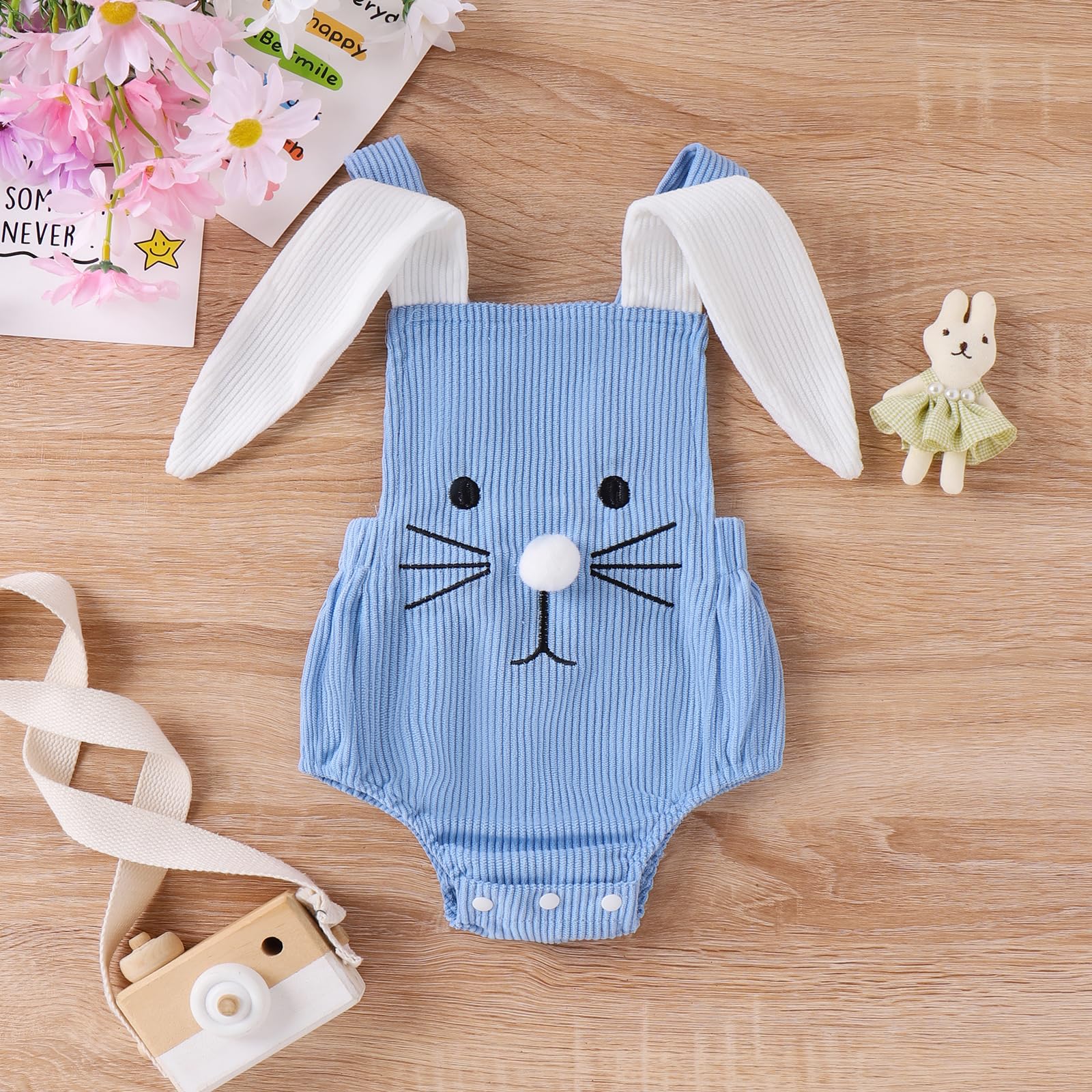 Gueuusu My First Easter Baby Boy Girl Outfit Bunny Costume Rabbit Ear Sleeveless Romper Overalls Infant Rabbit Cosplay Outfit (Blue, 0-3 Months)