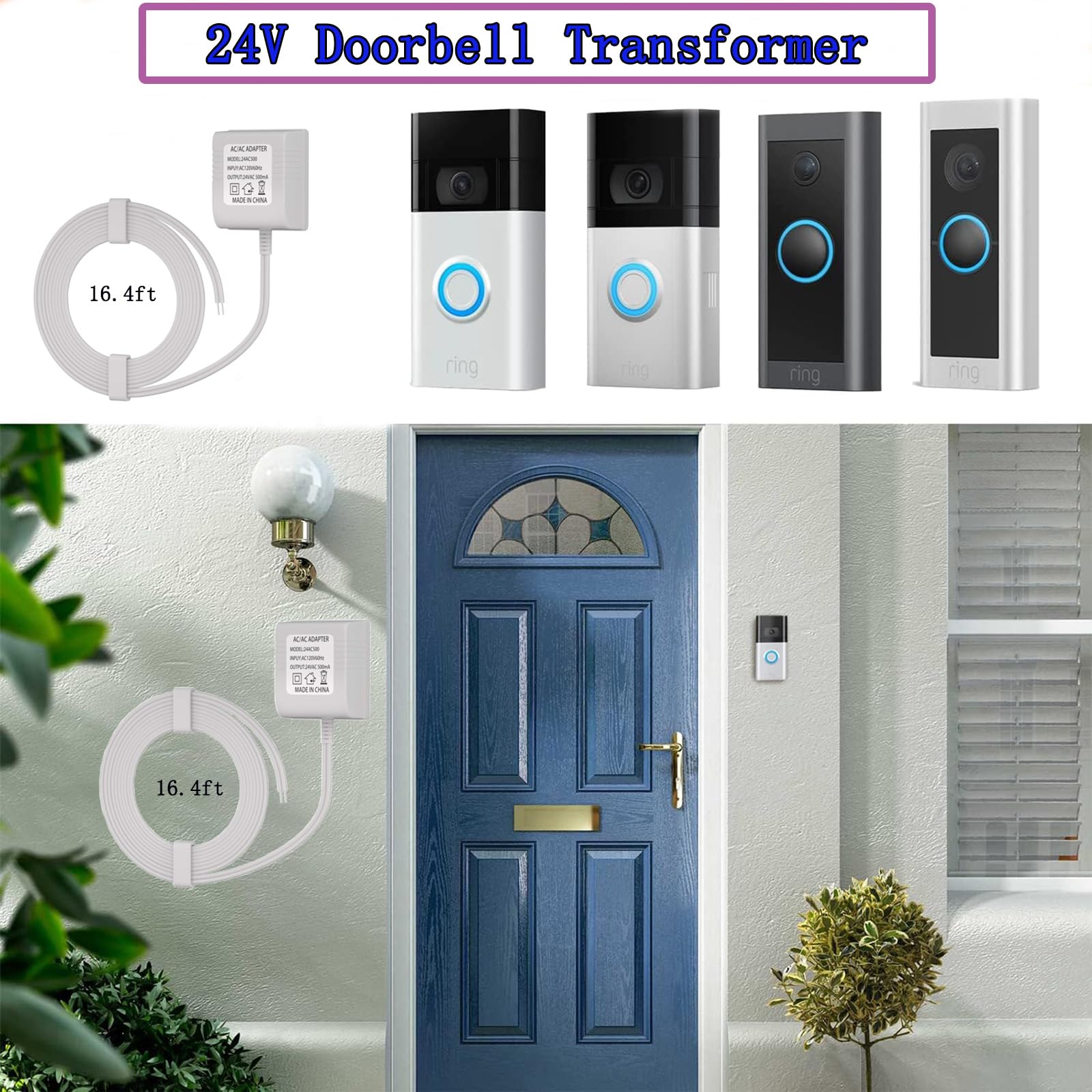 24V Doorbell Power Adapter for Video Doorbells & Thermostats Compatibility with Ring, Nest Hello, Wyze, Eufy, Ecobee, Sensi, Honeywell, and More Long 16.4FT C Wire Power Supply(White)