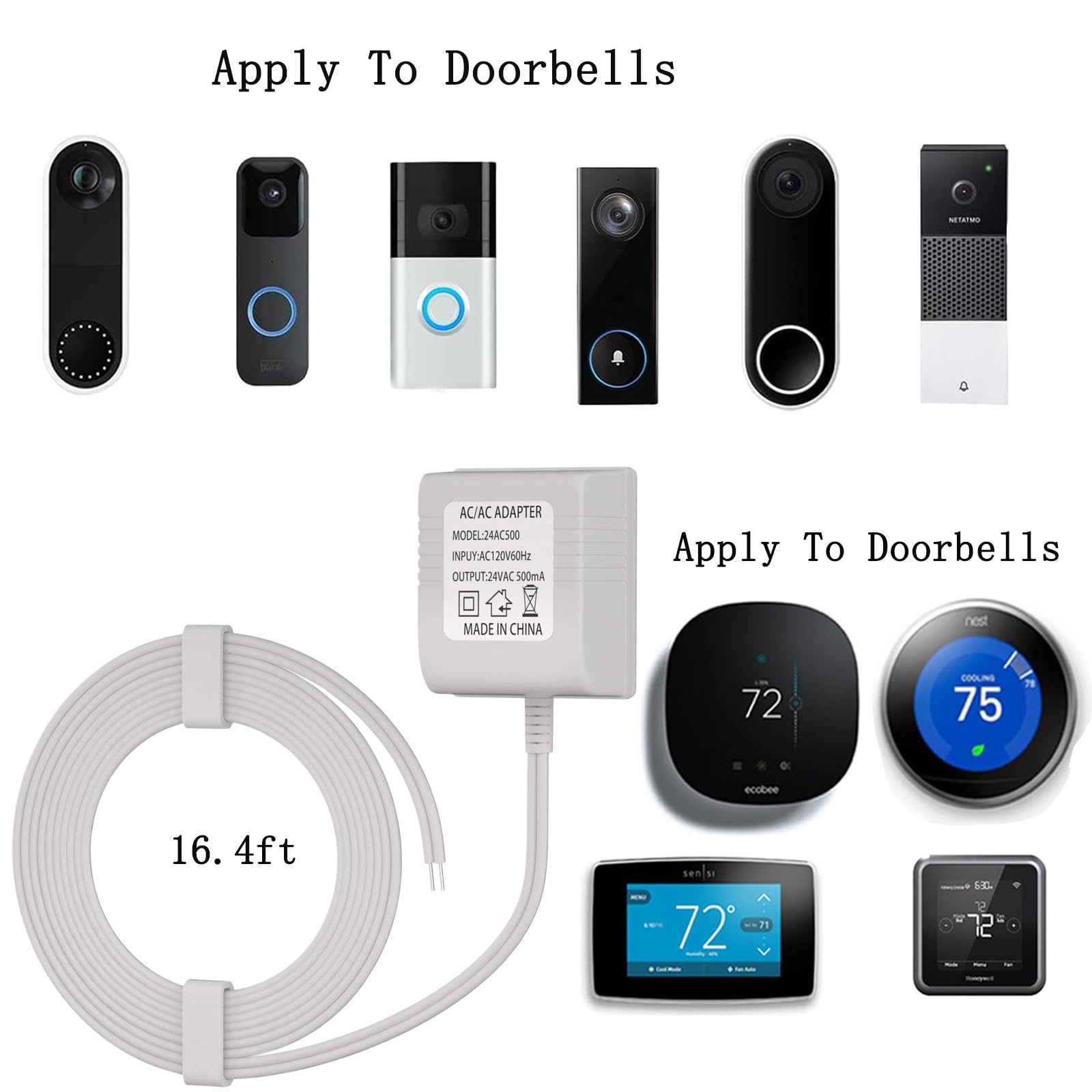24V Doorbell Power Adapter for Video Doorbells & Thermostats Compatibility with Ring, Nest Hello, Wyze, Eufy, Ecobee, Sensi, Honeywell, and More Long 16.4FT C Wire Power Supply(White)