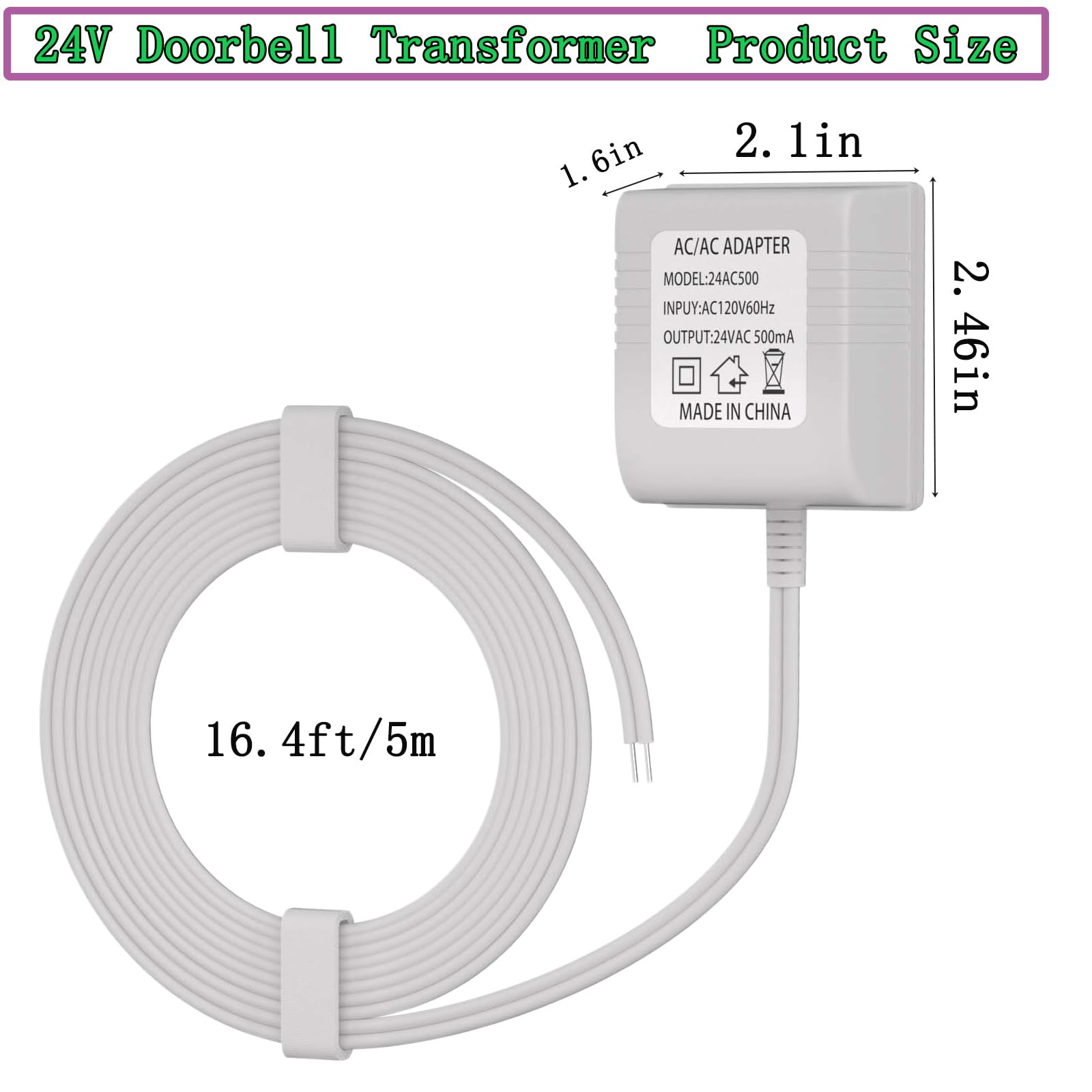 24V Doorbell Power Adapter for Video Doorbells & Thermostats Compatibility with Ring, Nest Hello, Wyze, Eufy, Ecobee, Sensi, Honeywell, and More Long 16.4FT C Wire Power Supply(White)