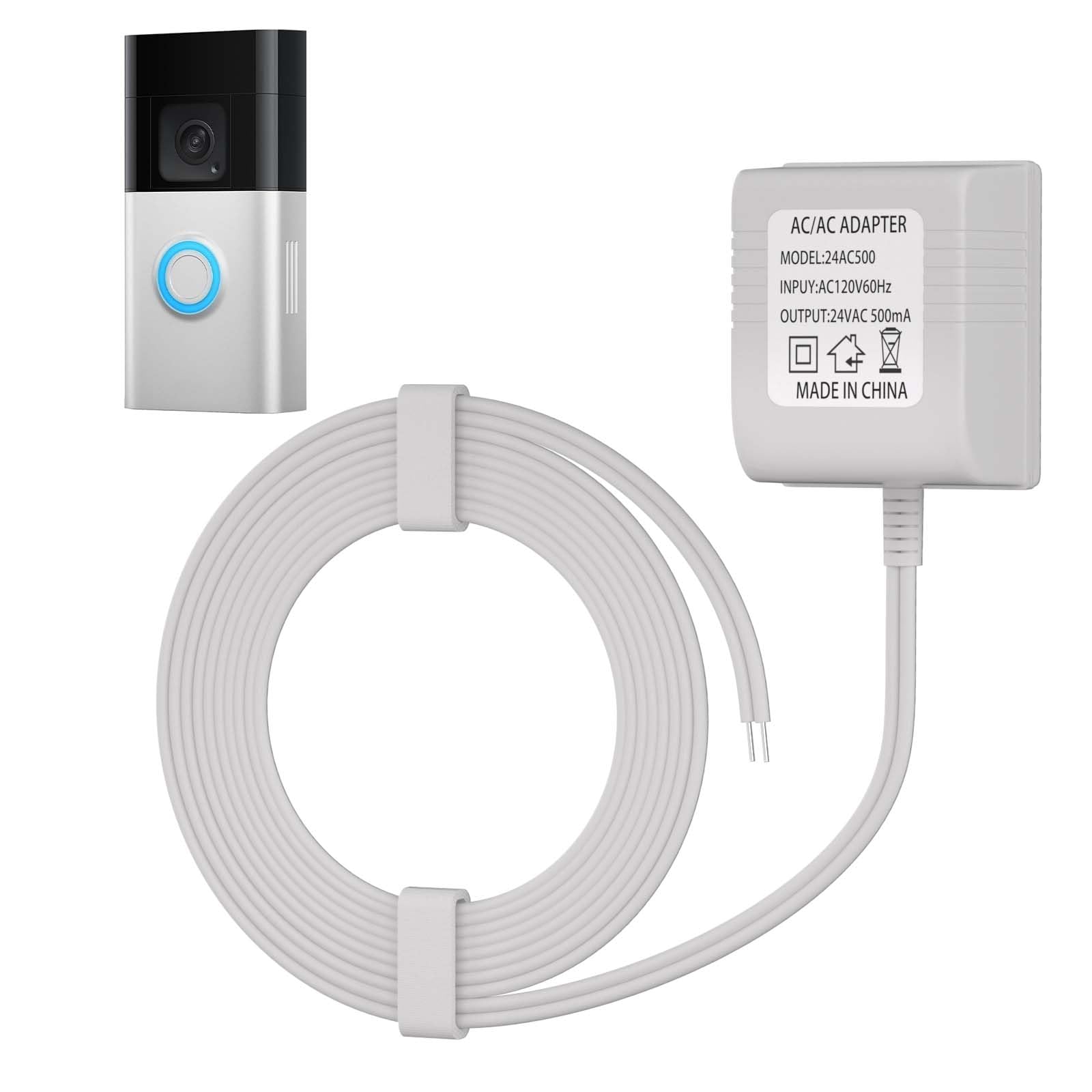24V Doorbell Power Adapter for Video Doorbells & Thermostats Compatibility with Ring, Nest Hello, Wyze, Eufy, Ecobee, Sensi, Honeywell, and More Long 16.4FT C Wire Power Supply（White）