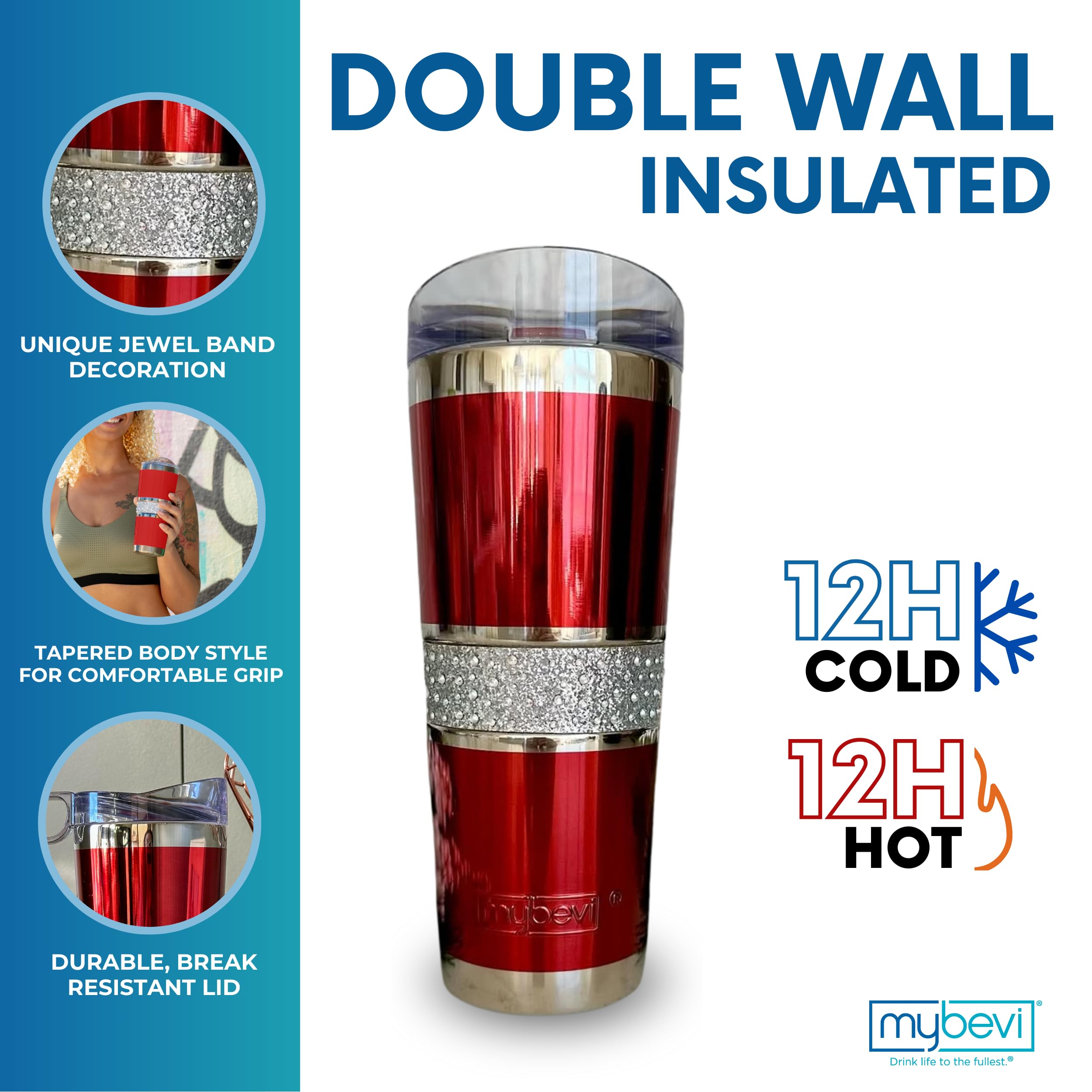 MyBevi Hollywood Insulated Tumblers, Premium Grade Stainless Steel Hydration Sport Bottle - Hot & Cold, Leak-Resistant Lid, BPA-Free | 20 oz, Red