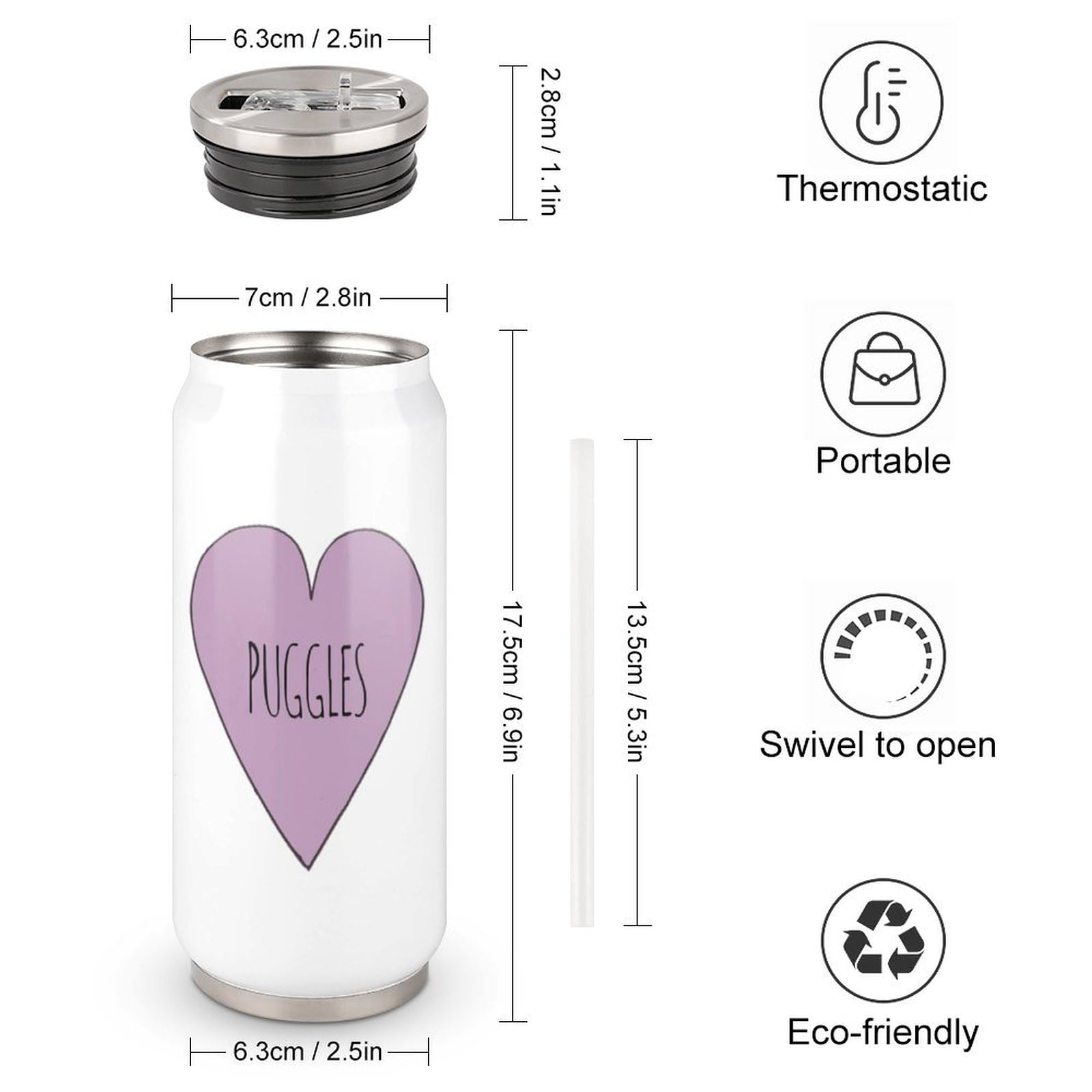 Puggle Love Insulated Tumbler Stainless Steel Travel Mug Coffee Cup with Lid And Straw 500ml