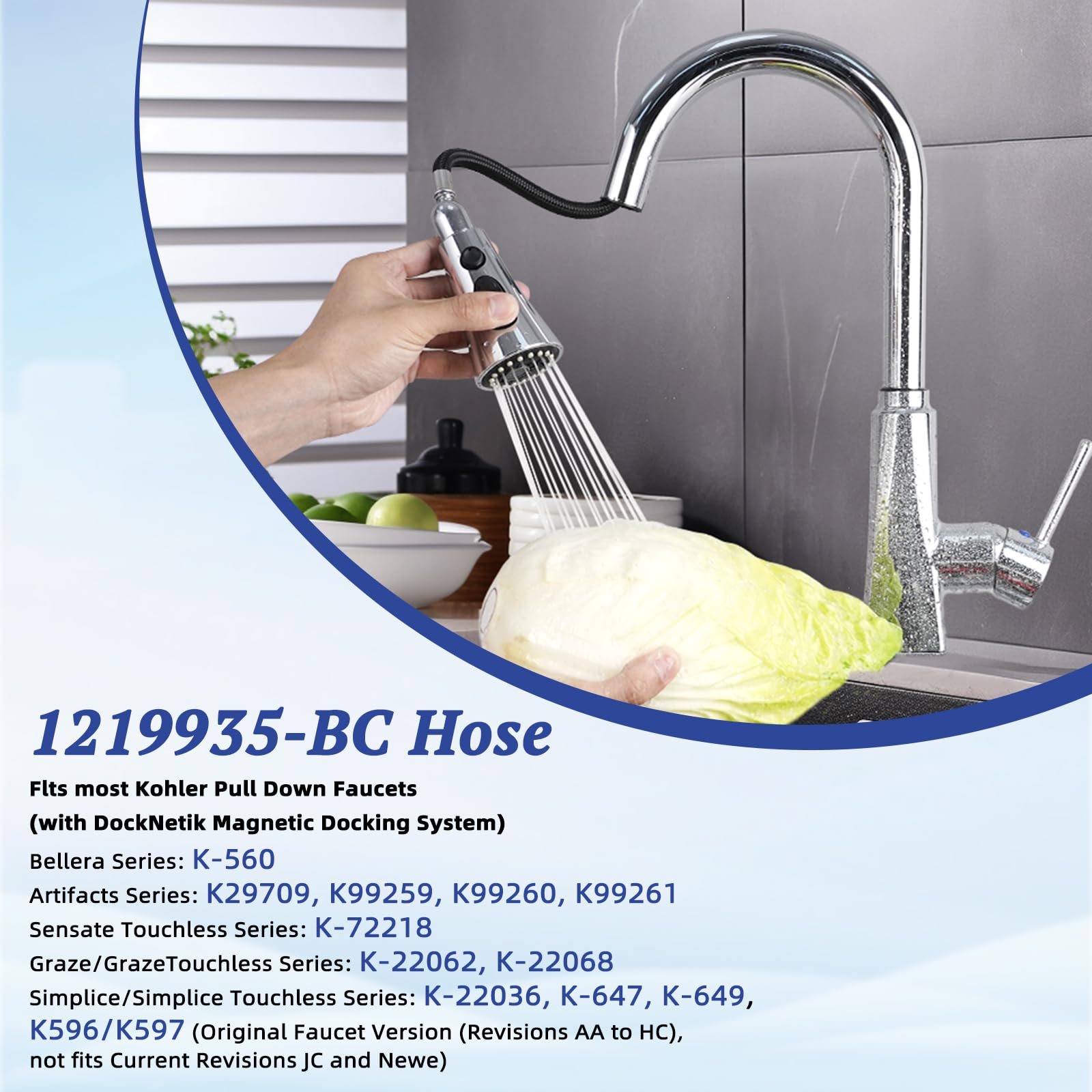 K-1219935-BC Hose Kit Compatible with Kohler Pull Down Kitchen Faucet, 68 Inches Bright Chrome Pull-Out Kitchen Faucet Hose Replacement Part of K-1304674-BC, with 4 Adapters