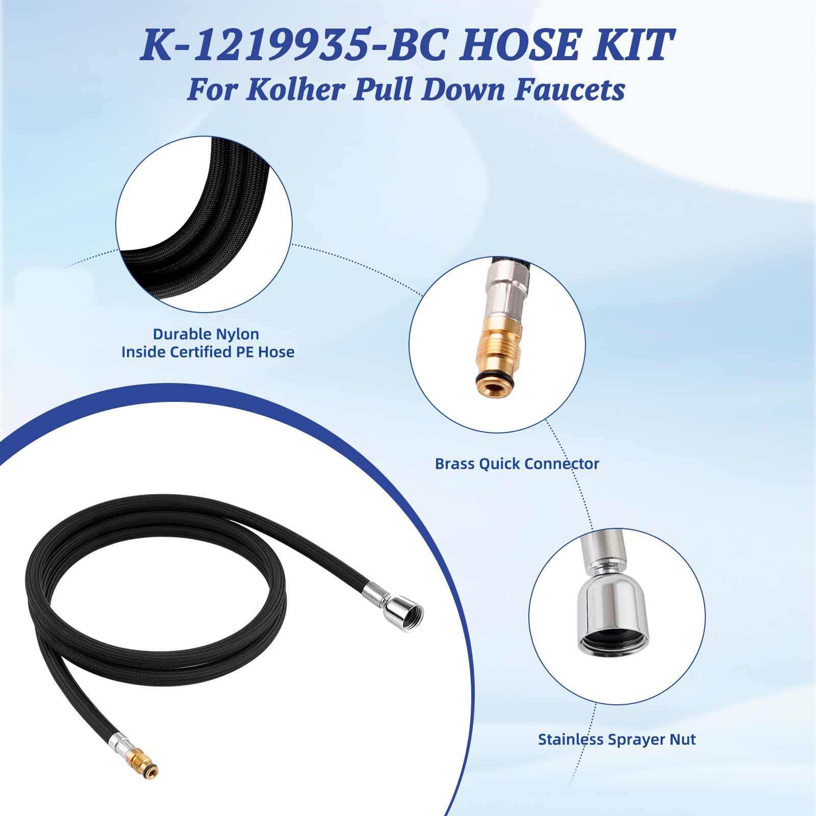 K-1219935-BC Hose Kit Compatible with Kohler Pull Down Kitchen Faucet, 68 Inches Bright Chrome Pull-Out Kitchen Faucet Hose Replacement Part of K-1304674-BC, with 4 Adapters