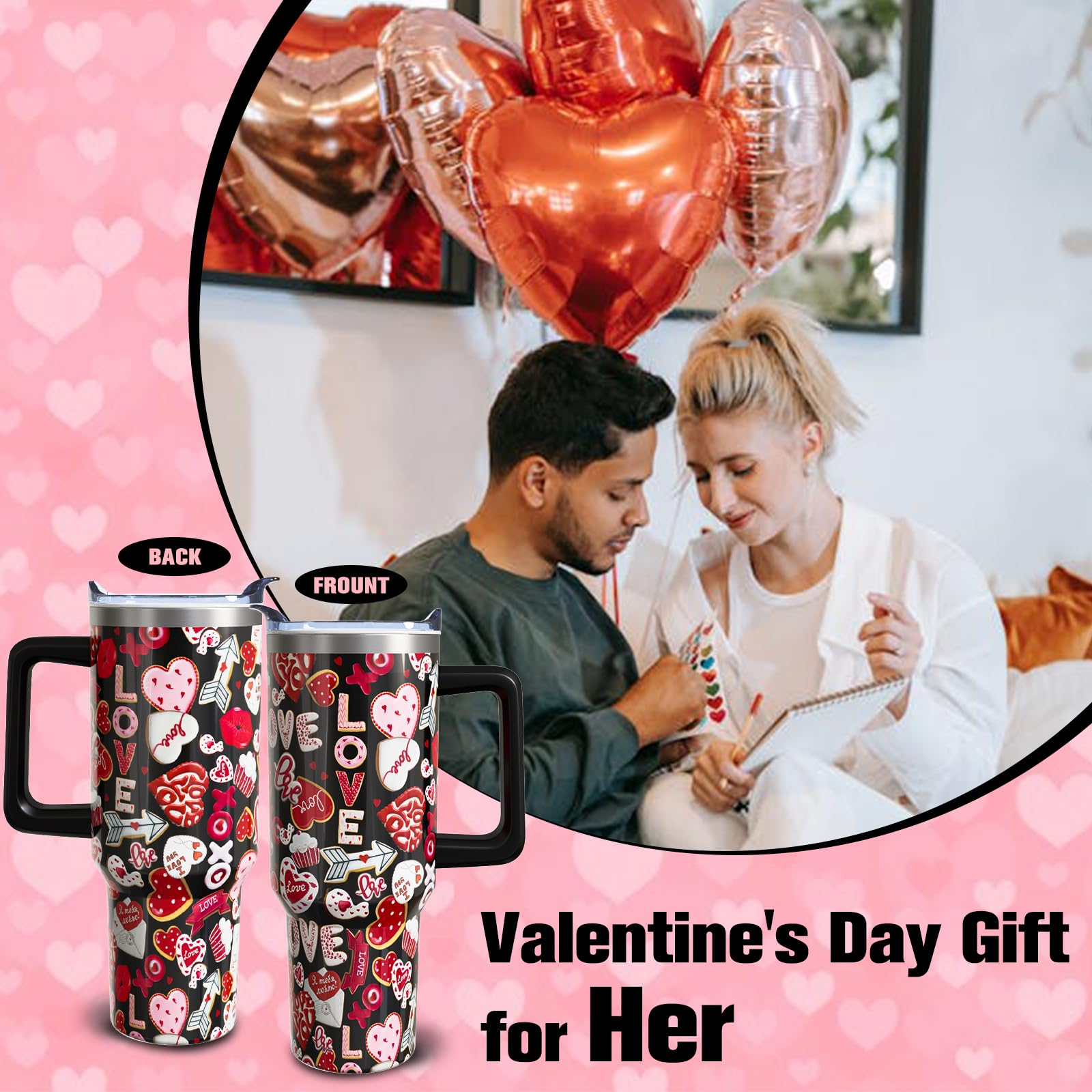owbgsdh 40 oz Heart Tumblers with Handle and Straw, Heart 40oz Stainless Steel Vacuum Insulated Travel Coffee Mug Cup Water Bottle, Stuff Accessories Gifts for Women