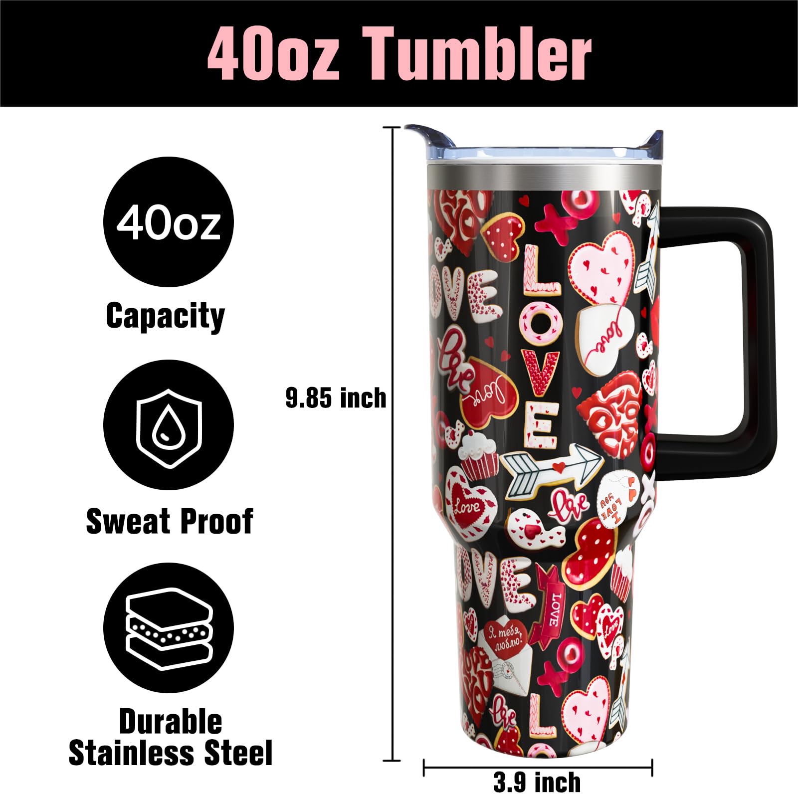 owbgsdh 40 oz Heart Tumblers with Handle and Straw, Heart 40oz Stainless Steel Vacuum Insulated Travel Coffee Mug Cup Water Bottle, Stuff Accessories Gifts for Women
