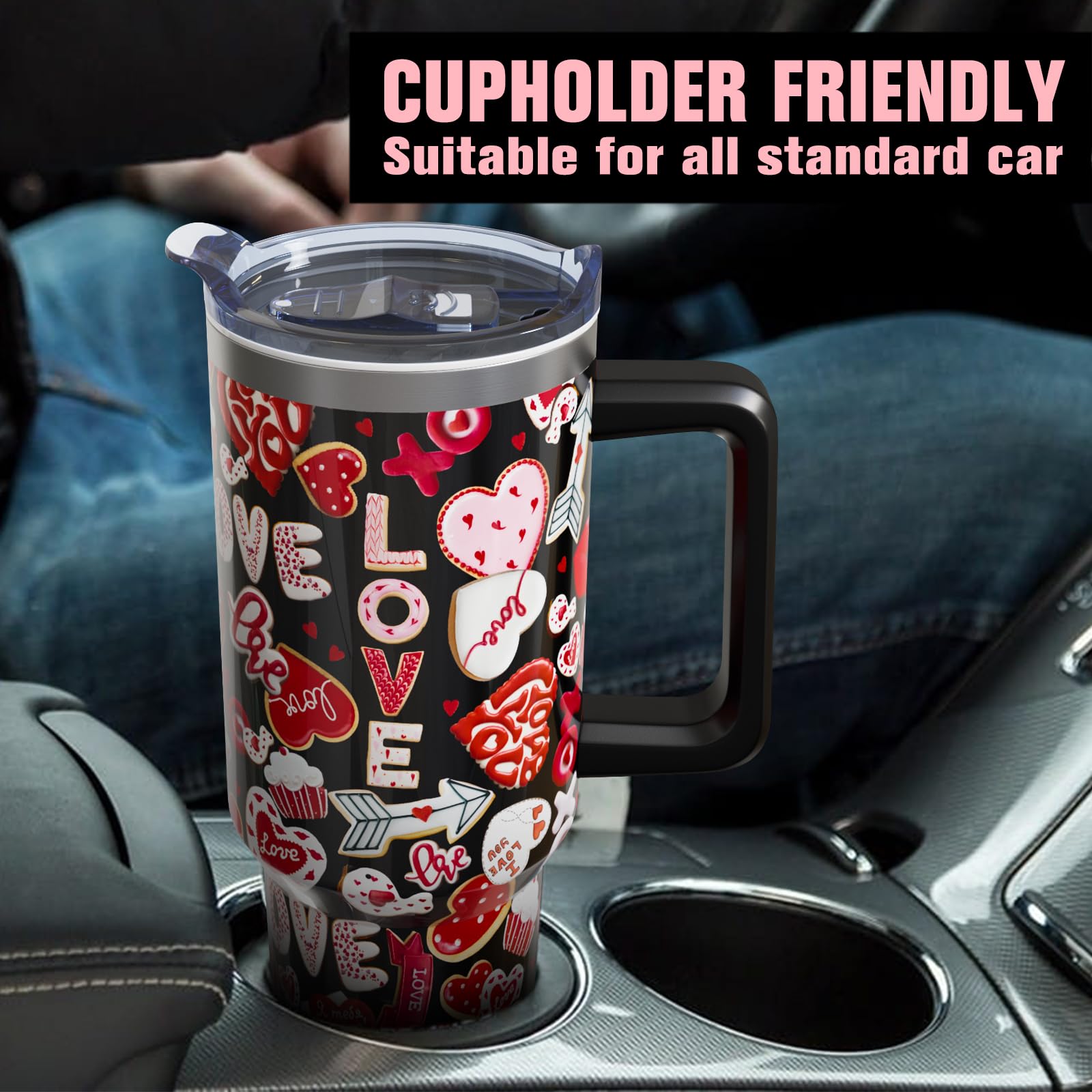 owbgsdh 40 oz Heart Tumblers with Handle and Straw, Heart 40oz Stainless Steel Vacuum Insulated Travel Coffee Mug Cup Water Bottle, Stuff Accessories Gifts for Women