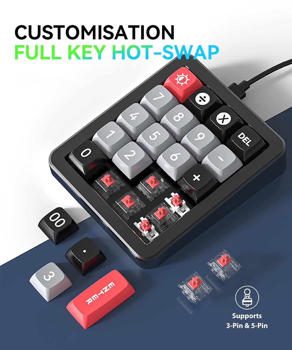 TISHLED Aluminum Mechanical Numpad Programmable Macro Keypad RGB LED Backlit Hot Swappable Number Pad 19-Key NKRO Linear Red Switches Numeric Keyboard Wired USB-C for PC/Laptop/Win/Mac, Black