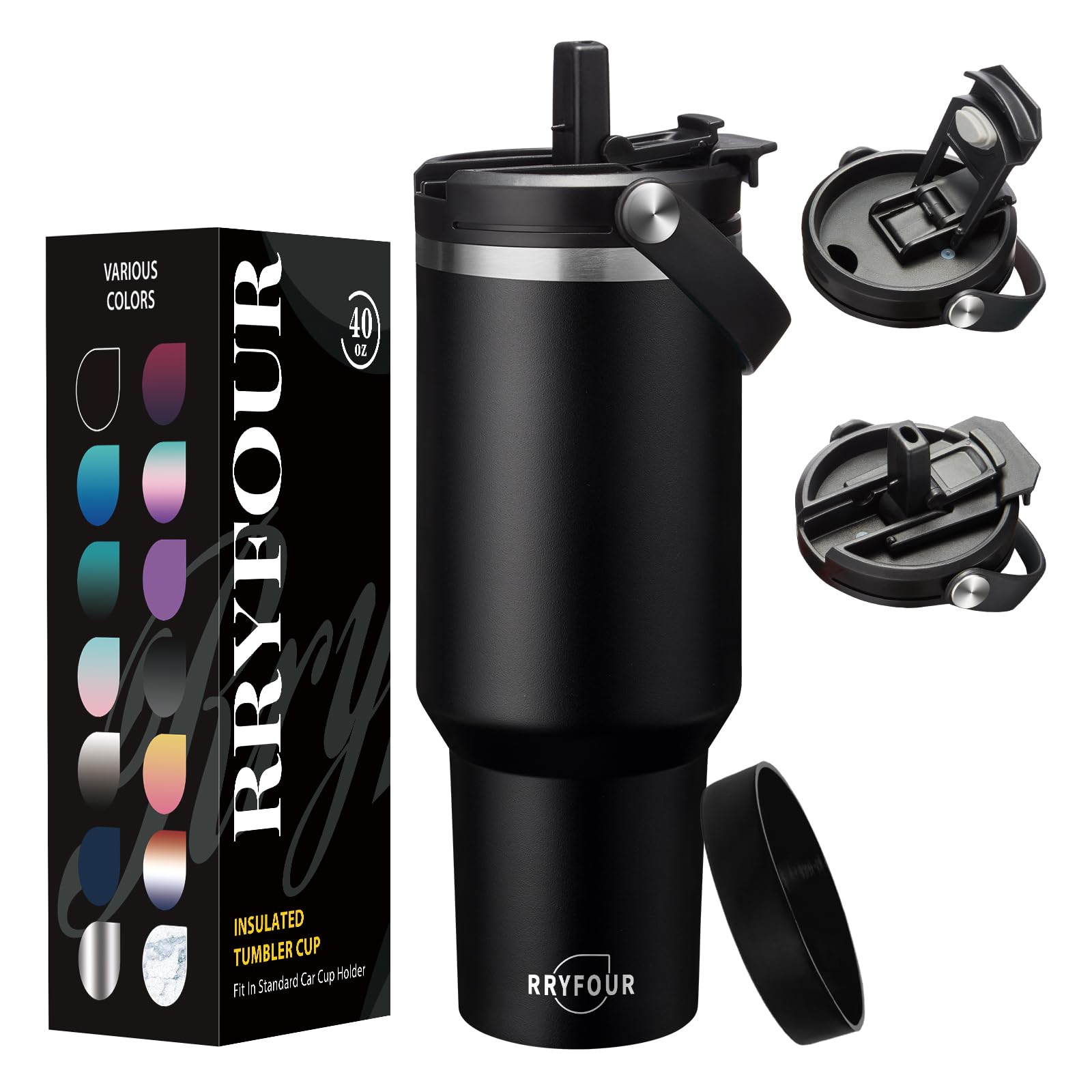 RRYFOUR 40 oz Tumbler with Flip Lid and Straw - Cold 36H Hot 12H, Stainless Steel Coffee Tumbler Travel Cups with 2-in-1 Lid, Leak Proof Insulated Mug Water Bottle Fits in Car Cup Holder