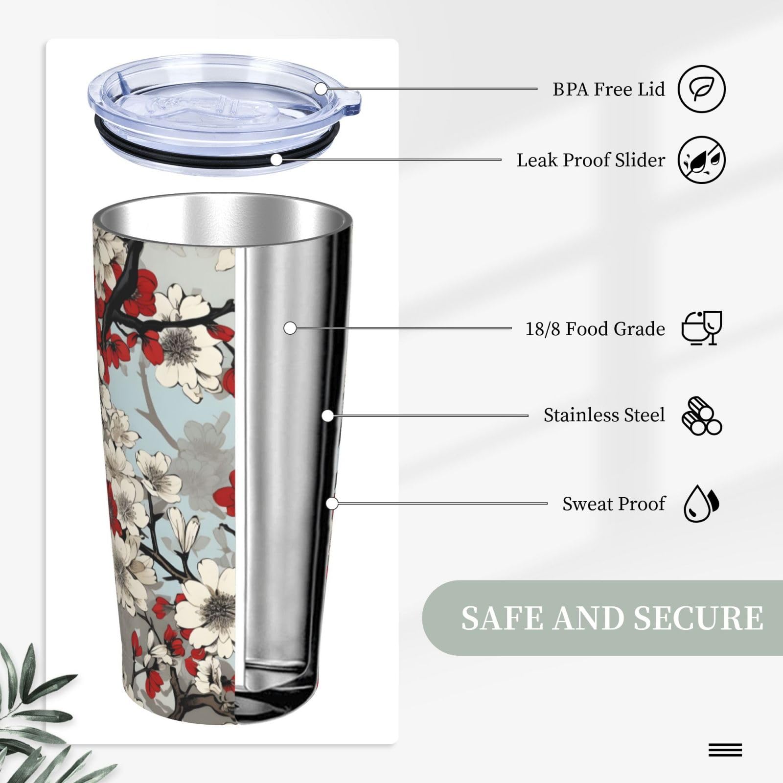 Zemwundy Red and white cherry blossoms 20oz tumbler stainless steel vacuum insulated coffee cup car cup travel mug water bottle with lid for hot and cold drinks