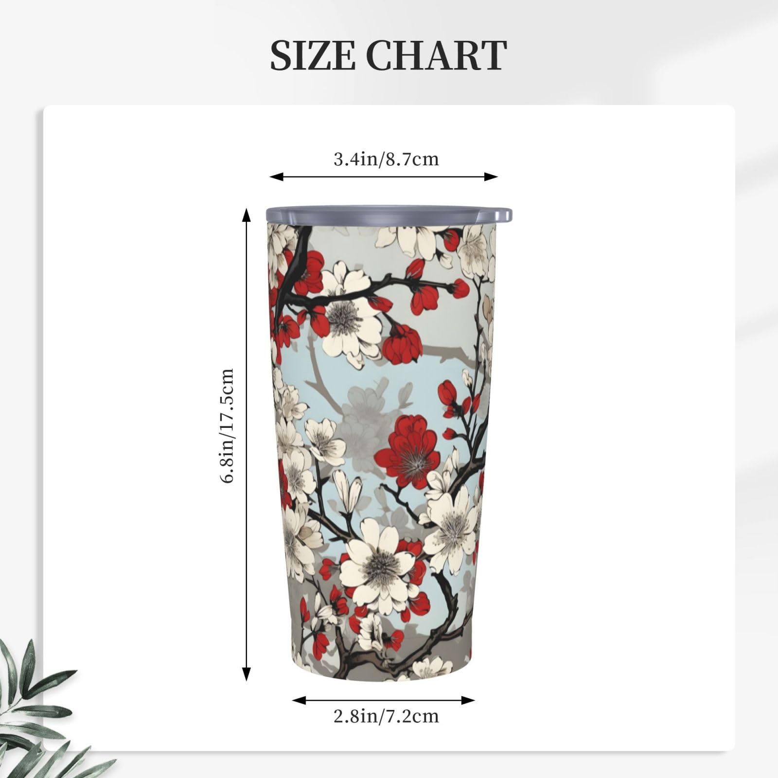 Zemwundy Red and white cherry blossoms 20oz tumbler stainless steel vacuum insulated coffee cup car cup travel mug water bottle with lid for hot and cold drinks