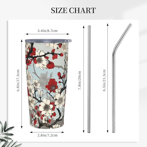 Zemwundy Red and white cherry blossoms 20oz tumbler stainless steel vacuum insulated coffee cup car cup travel mug water bottle with lid for hot and cold drinks