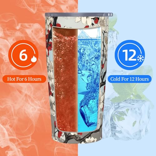 Zemwundy Red and white cherry blossoms 20oz tumbler stainless steel vacuum insulated coffee cup car cup travel mug water bottle with lid for hot and cold drinks
