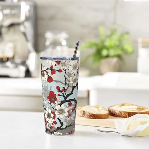 Zemwundy Red and white cherry blossoms 20oz tumbler stainless steel vacuum insulated coffee cup car cup travel mug water bottle with lid for hot and cold drinks