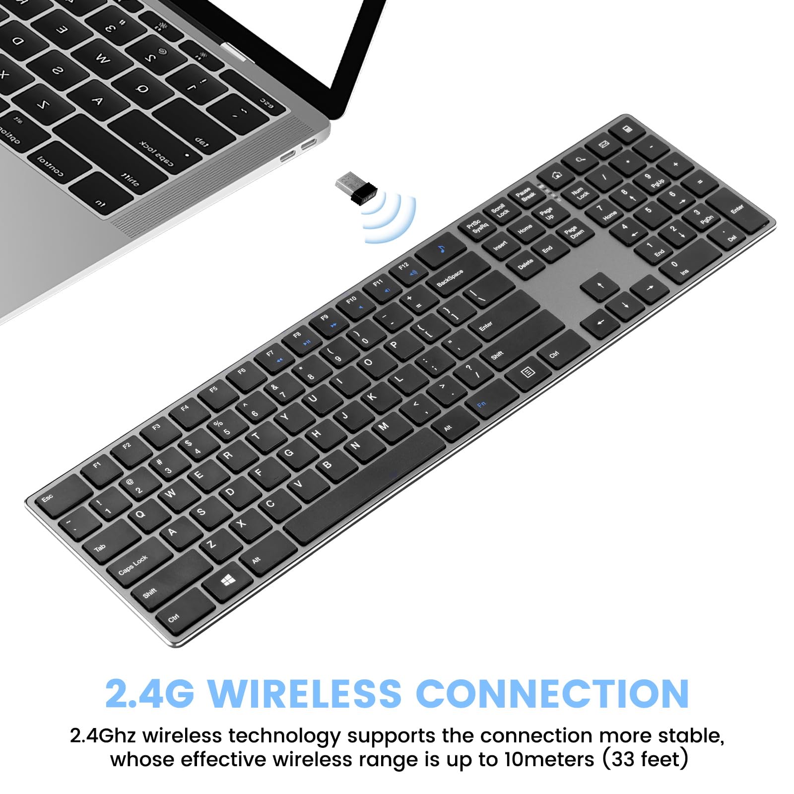 TIETI K01R Wireless Keyboard, 2.4G Slim and Compact Wireless Keyboard with Numeric Keypad, Long Battery Life, Lag-Free for PC Laptop Computer Windows, Space Grey