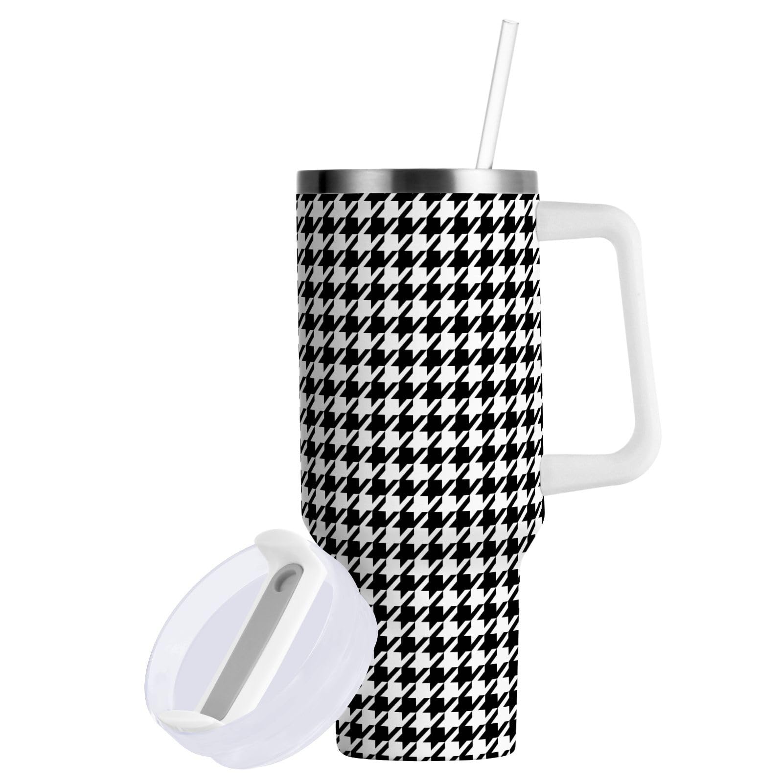 MCHIVER Black Houndstooth Tumbler with Lid and Straw 40 oz Insulated Water Bottle Leakproof Water Tumblers for Smoothie Coffee Water