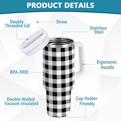 MCHIVER Black White Buffalo Plaid Tumbler with Lid and Straw 40 oz Insulated Water Bottle Leakproof Tumblers for Smoothie Coffee Water