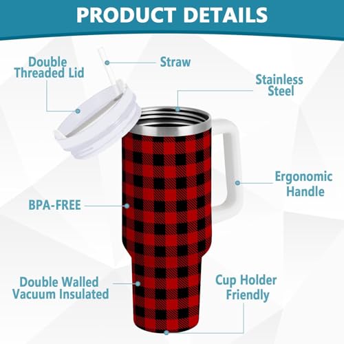 MCHIVER Black Red Buffalo Plaid Tumbler with Lid and Straw 40 oz Insulated Water Bottle Leakproof Water Tumblers for Water Coffee Tea