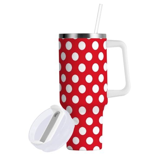 MCHIVER Red Polka Dots Tumbler with Lid and Straw 40 oz Insulated Water Bottle Leakproof Travel Mug Cup for Coffee Water Tea