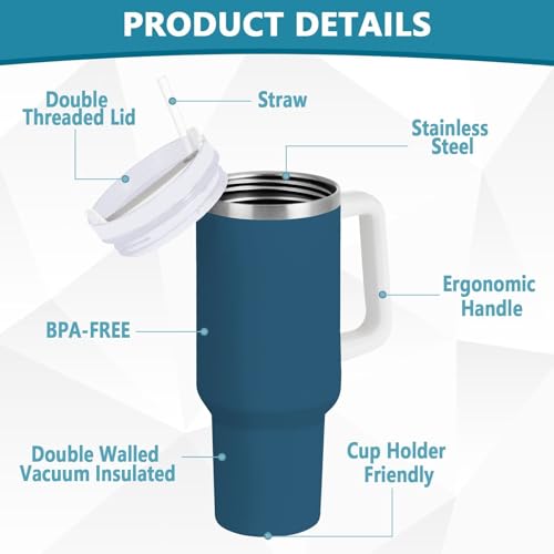 MCHIVER Caribbean Blue Tumbler with Lid and Straw 40 oz Insulated Water Bottle Leakproof Travel Mug Cup for Iced Water Coffee Smoothie