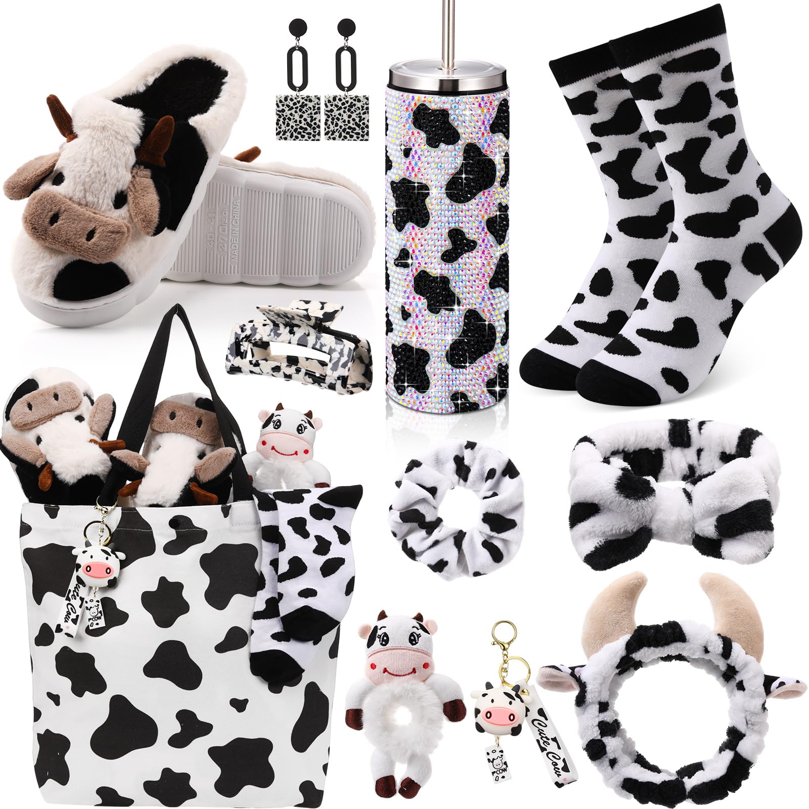FillTouch 11 Pcs Cow Print Gifts Sets for Women Includes Tumbler Slippers Socks Earrings Hair Scrunchies Headbands Tote Bag Cow Print Stuff for Graduation Birthday Mother Nurses Farm Animal Lover