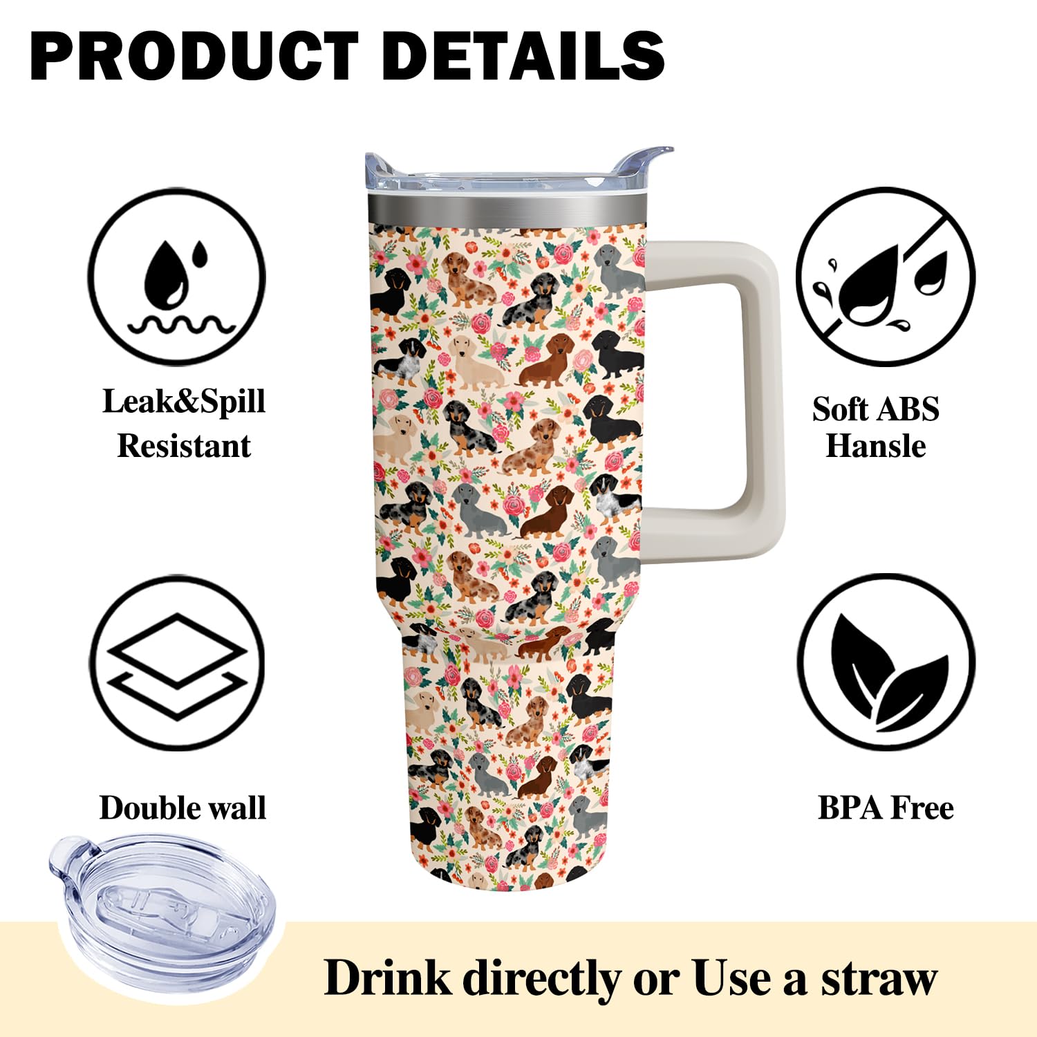 Vehcimbev 40oz Dachshund Tumbler with Handle and Straw - Stainless Steel Double Wall Insulated Tumbler - Hot & Cold - 40oz Capacity - Dachshund Gift