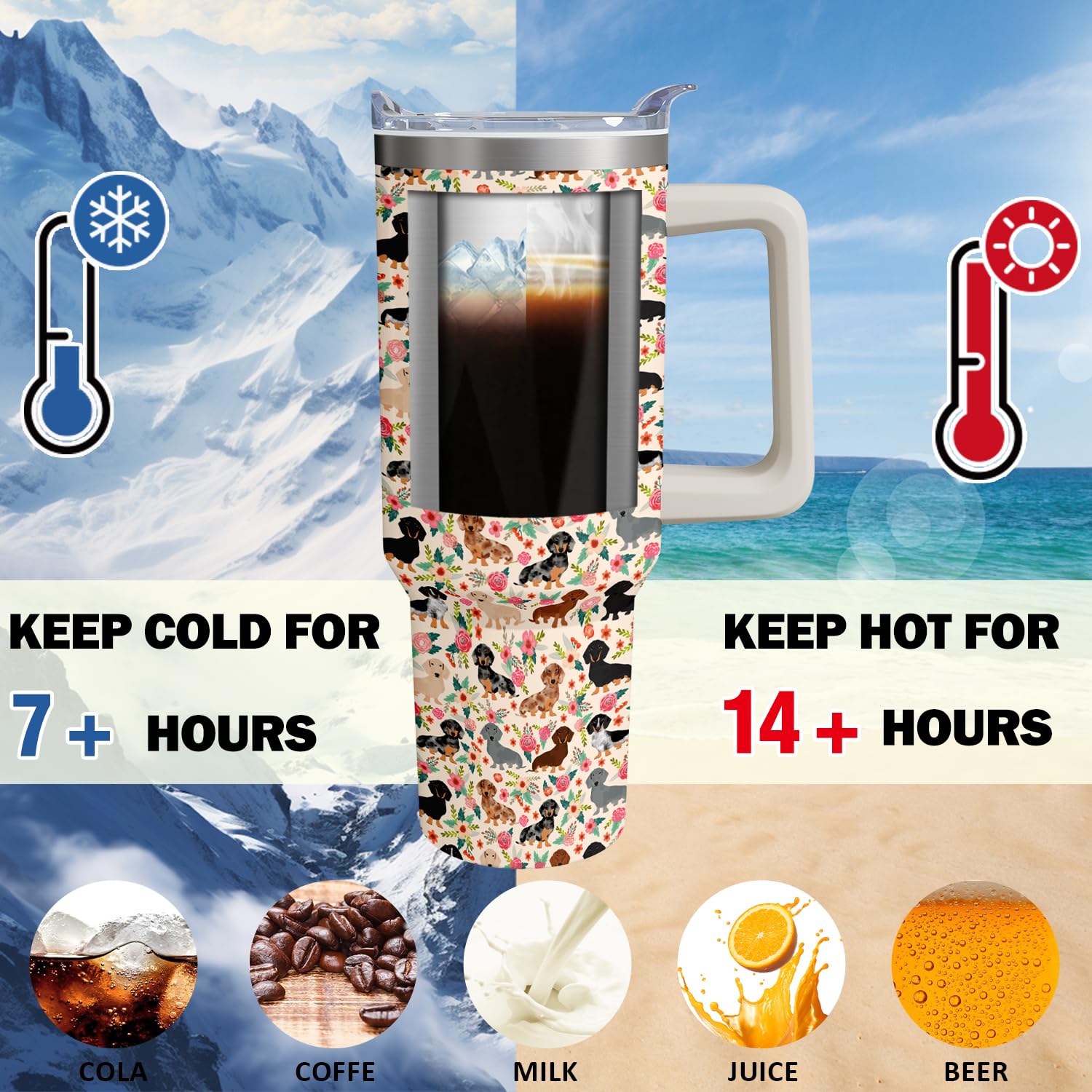 Vehcimbev 40oz Dachshund Tumbler with Handle and Straw - Stainless Steel Double Wall Insulated Tumbler - Hot & Cold - 40oz Capacity - Dachshund Gift