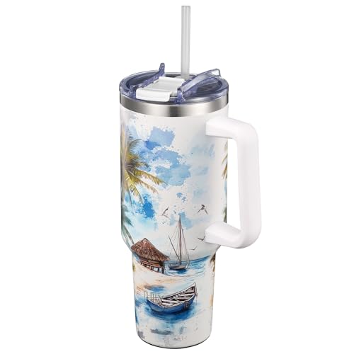THILY 40 oz Stainless Steel Tumbler with Handle - Vacuum Insulated Travel Cup, Splash-Proof & Leakproof Lid, 2 Straws & Brush | Keeps Cold 34H/Hot 12H, Cupholder Friendly, Coastal Breeze