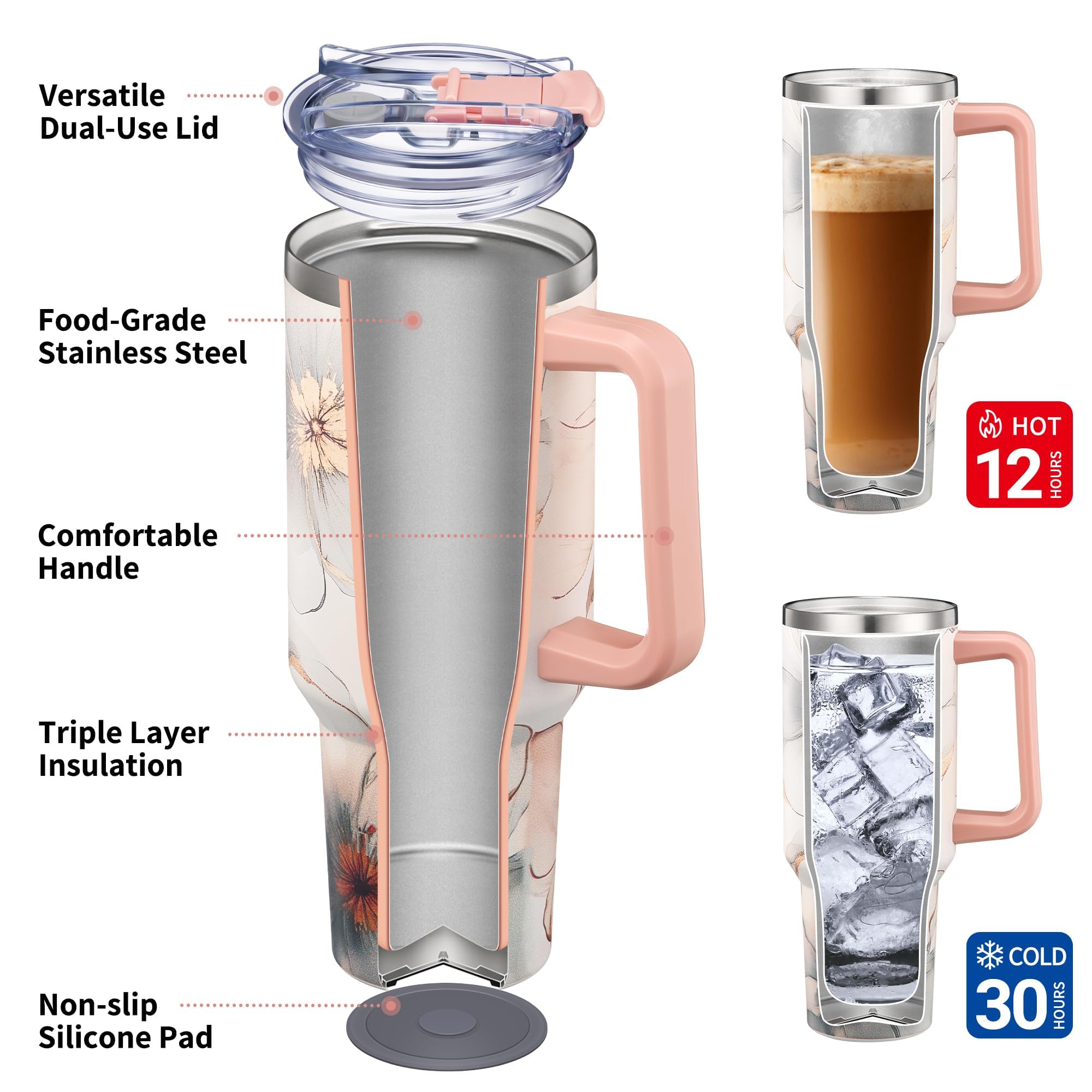 THILY 40 oz Stainless Steel Tumbler with Handle - Vacuum Insulated Travel Cup, Splash-Proof & Leakproof Lid, 2 Straws & Brush | Keeps Cold 34H/Hot 12H, Cupholder Friendly, Golden Bloom Whispers