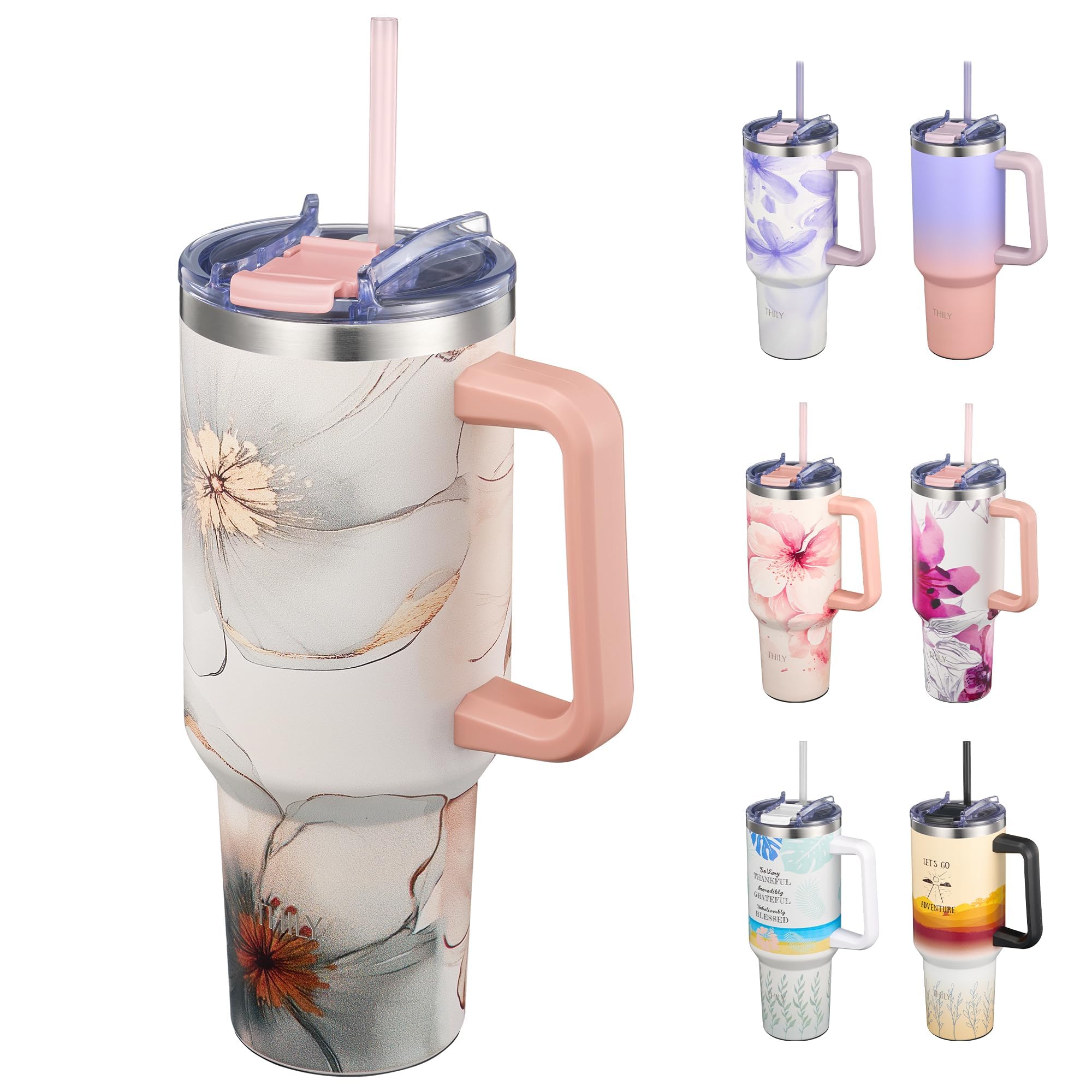 THILY 40 oz Stainless Steel Tumbler with Handle - Vacuum Insulated Travel Cup, Splash-Proof & Leakproof Lid, 2 Straws & Brush | Keeps Cold 34H/Hot 12H, Cupholder Friendly, Golden Bloom Whispers