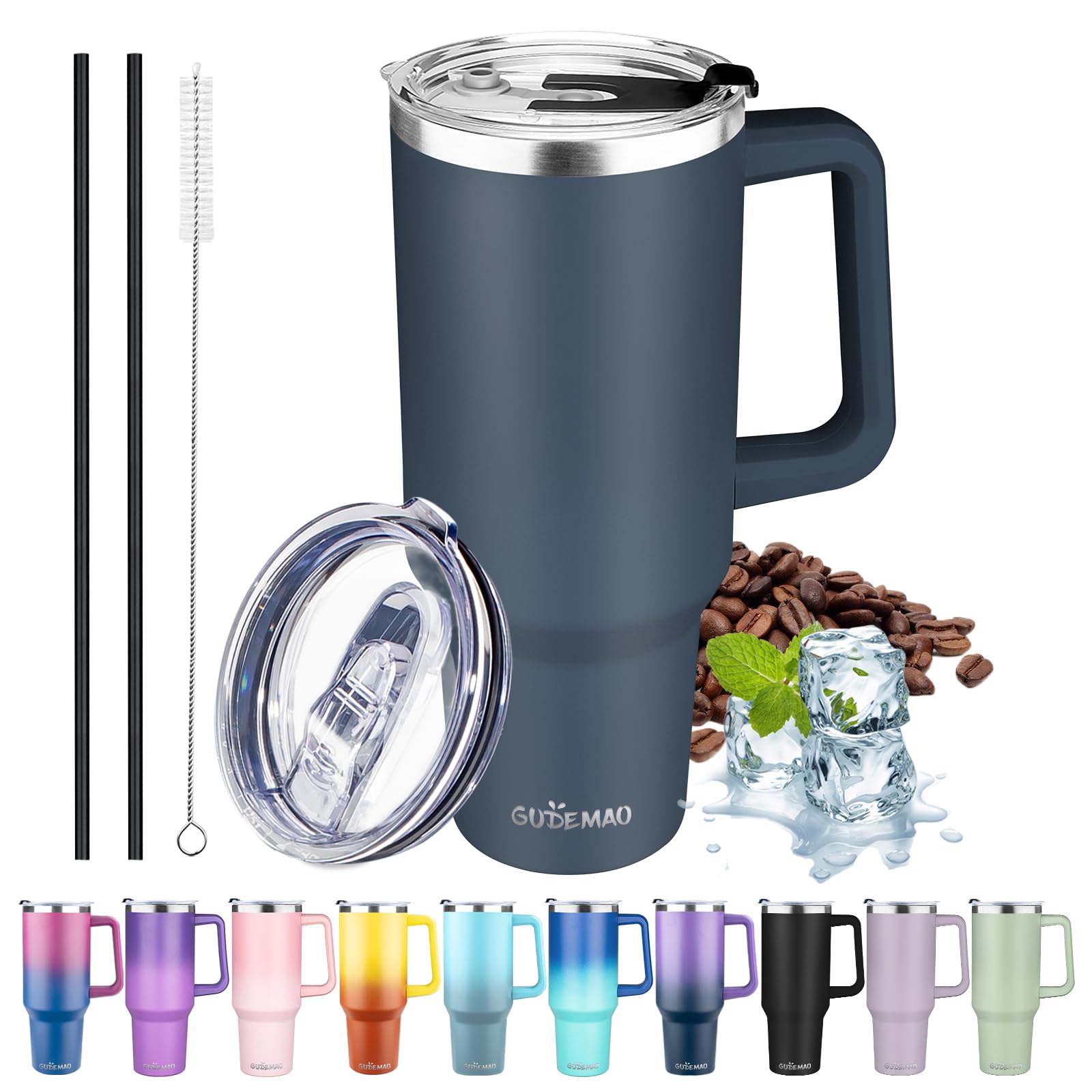 GUDEMAO 40 oz Tumbler with Handle, Insulated Tumbler with Lid and Straw, Reusable Stainless Steel Vacuum Insulated Cup, 100% Leak Proof Thermal Travel Coffee Mug Cup for Cold and Hot (Deep Blue)