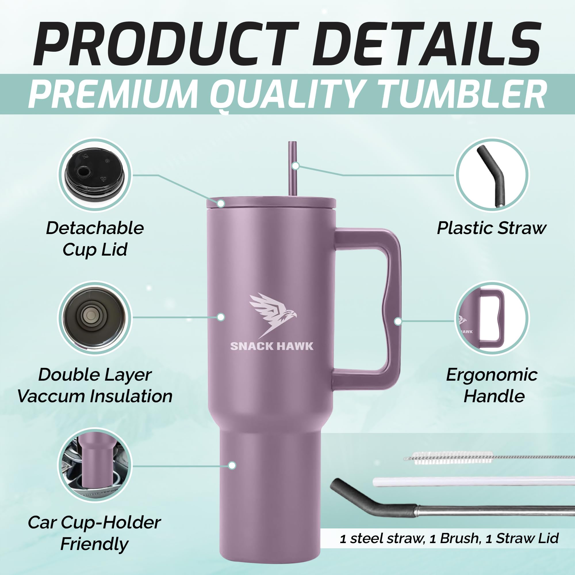 Snack hawk 40oz Insulated Stainless Steel Travel Coffee Tumbler with Handle and Straw | 100% Leak-Proof Mug | Car Cupholder Friendly | Perfect Water Cup Gift for Everyone