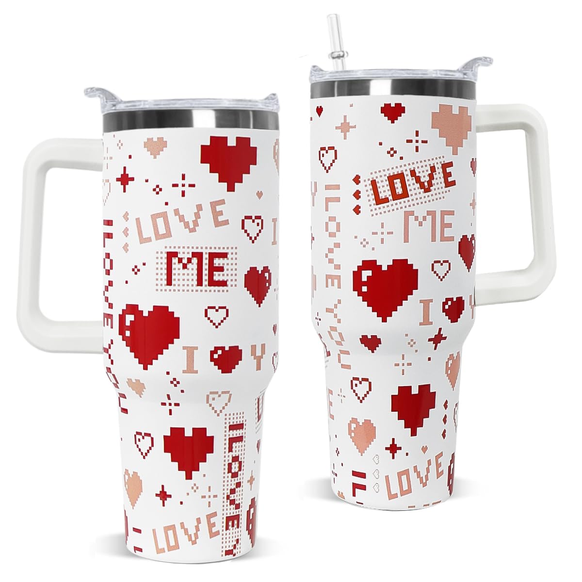 Nqhsionv Valentines Tumbler with Handle 40 oz 5D Pixel Style Love Hearts Coffee Travel Mug Stainless Steel Insulated Cup Valentines Anniversary Wedding Birthday Gifts for Women