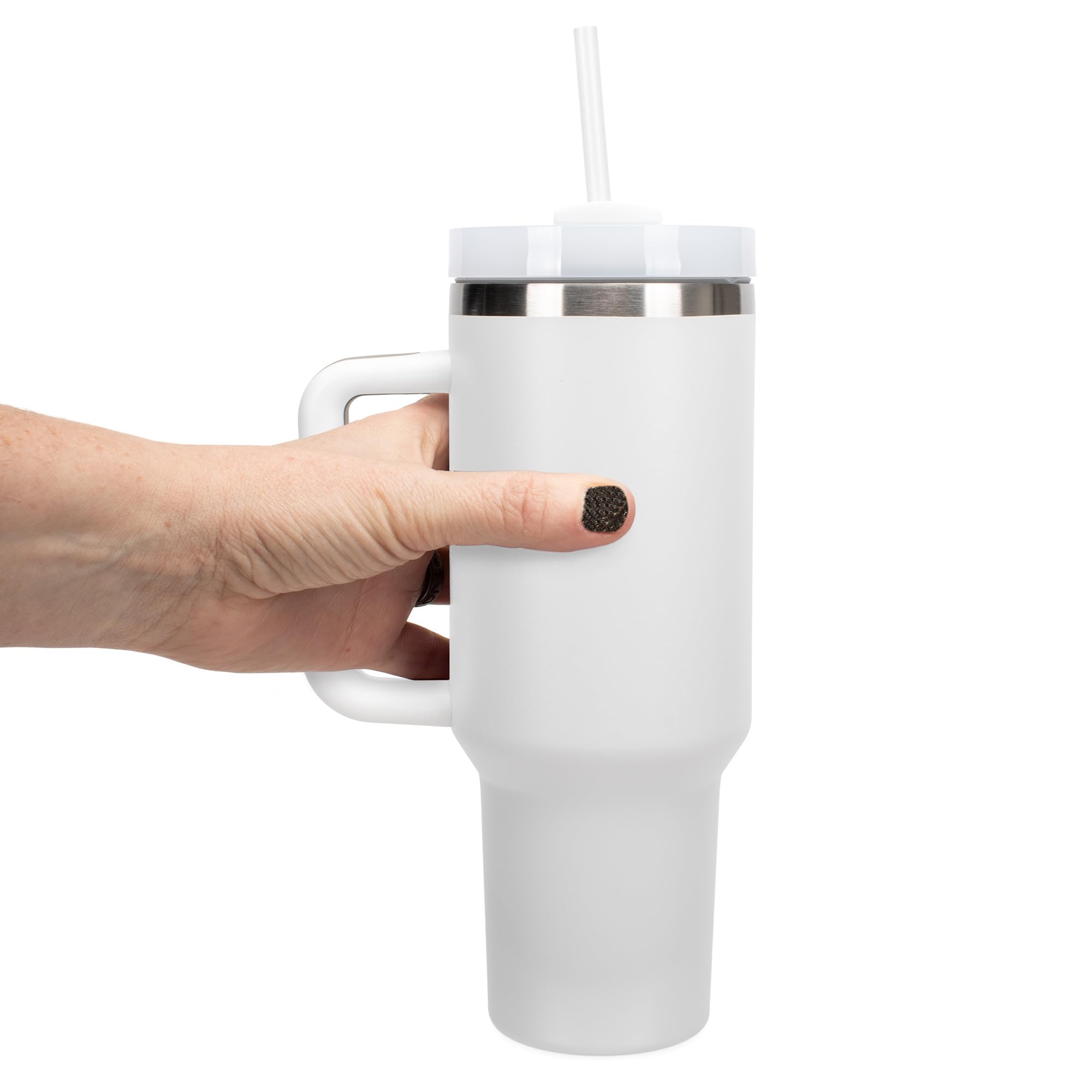 100 North Queen Royal Crown Wrap-Around 40 Oz. Stainless Steel Water Bottle Coffee Mug, Spill & Leak Resistant, Travel Tumbler with Handle, Lid & Straw, White
