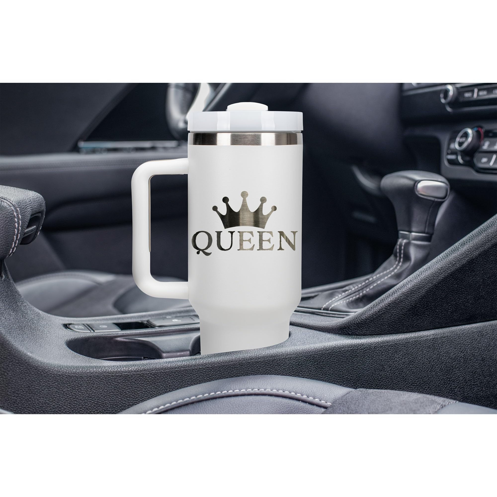 100 North Queen Royal Crown Wrap-Around 40 Oz. Stainless Steel Water Bottle Coffee Mug, Spill & Leak Resistant, Travel Tumbler with Handle, Lid & Straw, White