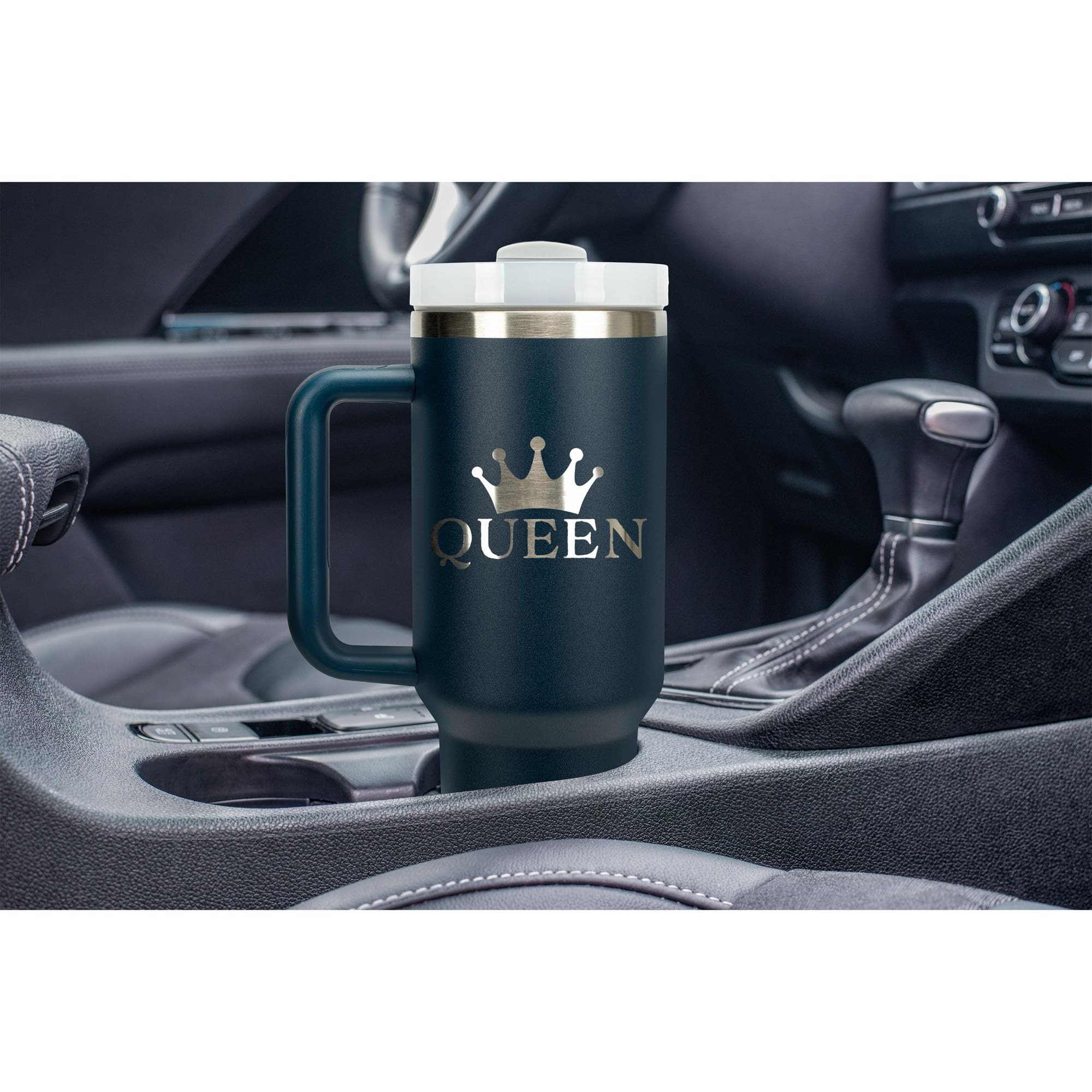 100 North Queen Royal Crown Wrap-Around 40 Oz. Stainless Steel Water Bottle Coffee Mug, Spill & Leak Resistant, Travel Tumbler with Handle, Lid & Straw, Navy Blue