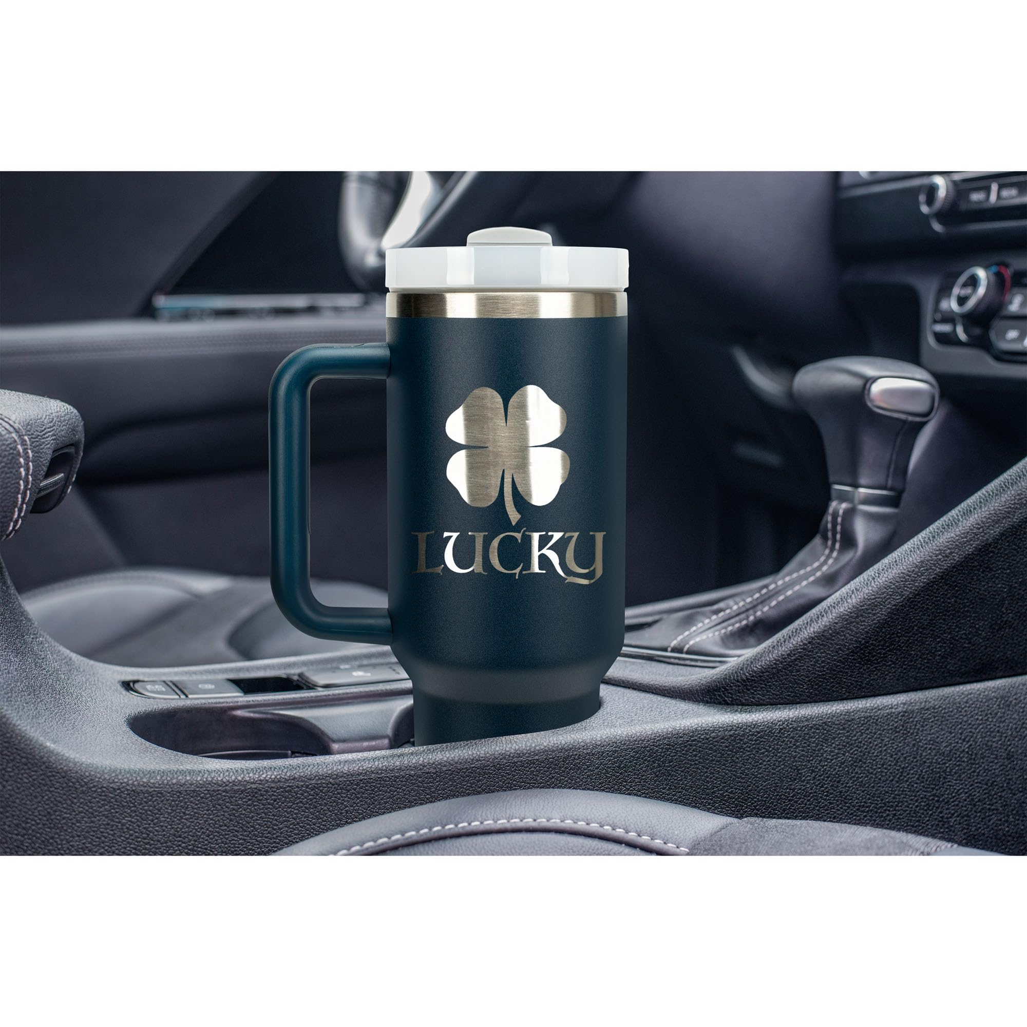100 North Lucky 4 Leaf Clover Irish St. Patrick's Shamrock Wrap-Around 40 Oz. Stainless Steel Water Bottle Coffee Mug, Spill & Leak Resistant, Travel Tumbler with Handle, Lid & Straw, Navy Blue