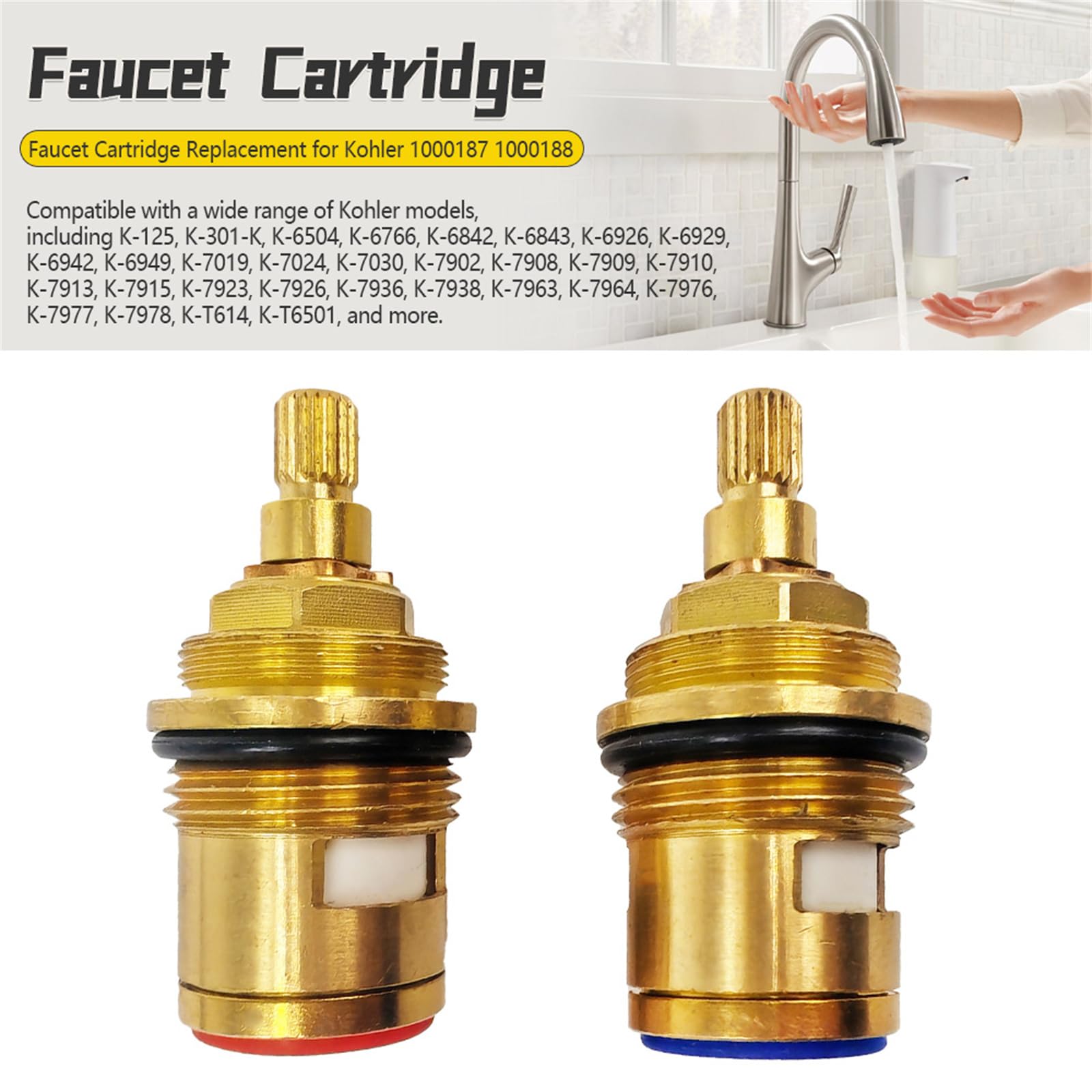 Meyffon 1000187 1000188 Faucet Cartridge Compatible with Kohler Bath Faucet 3/4 Inch Ceramic Valve Cold and Hot Cartridge Counterclockwise Close and Clockwise Close