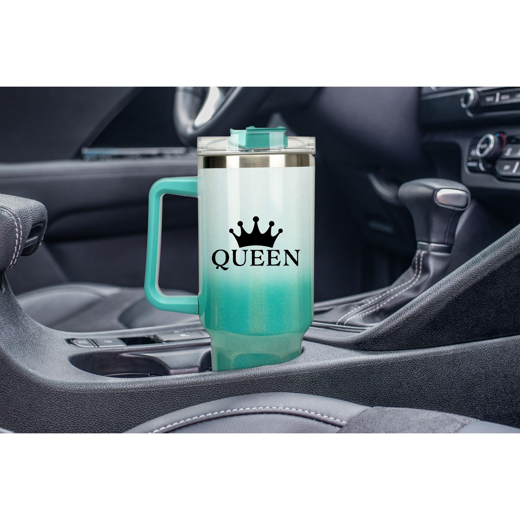 100 North Queen Royal Crown Wrap-Around 40 Oz. Stainless Steel Water Bottle Coffee Mug, Spill & Leak Resistant, Travel Tumbler with Handle, Lid & Straw, White & Purple
