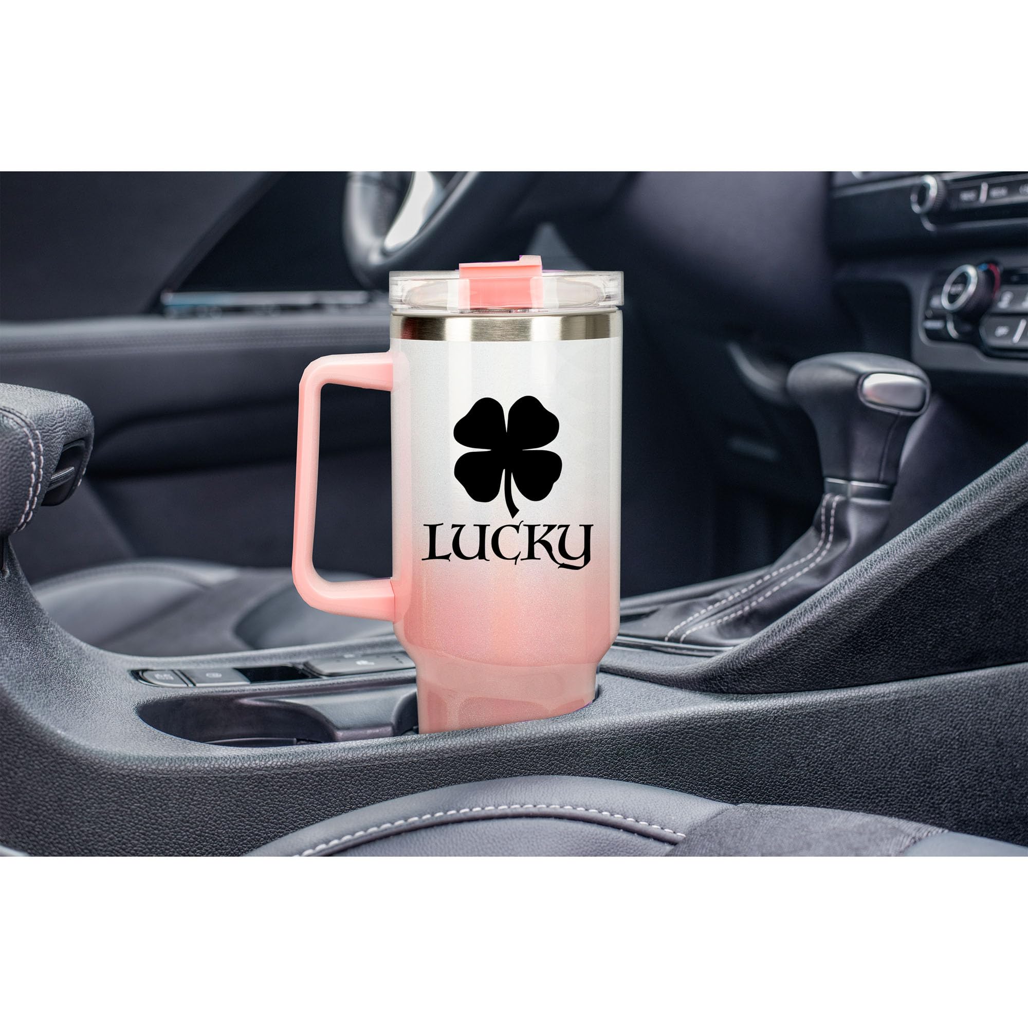 100 North Lucky 4 Leaf Clover Irish St. Patrick's Shamrock Wrap-Around 40 Oz. Stainless Steel Water Bottle Coffee Mug, Spill & Leak Resistant, Travel Tumbler with Handle, Lid & Straw, Teal & Purple