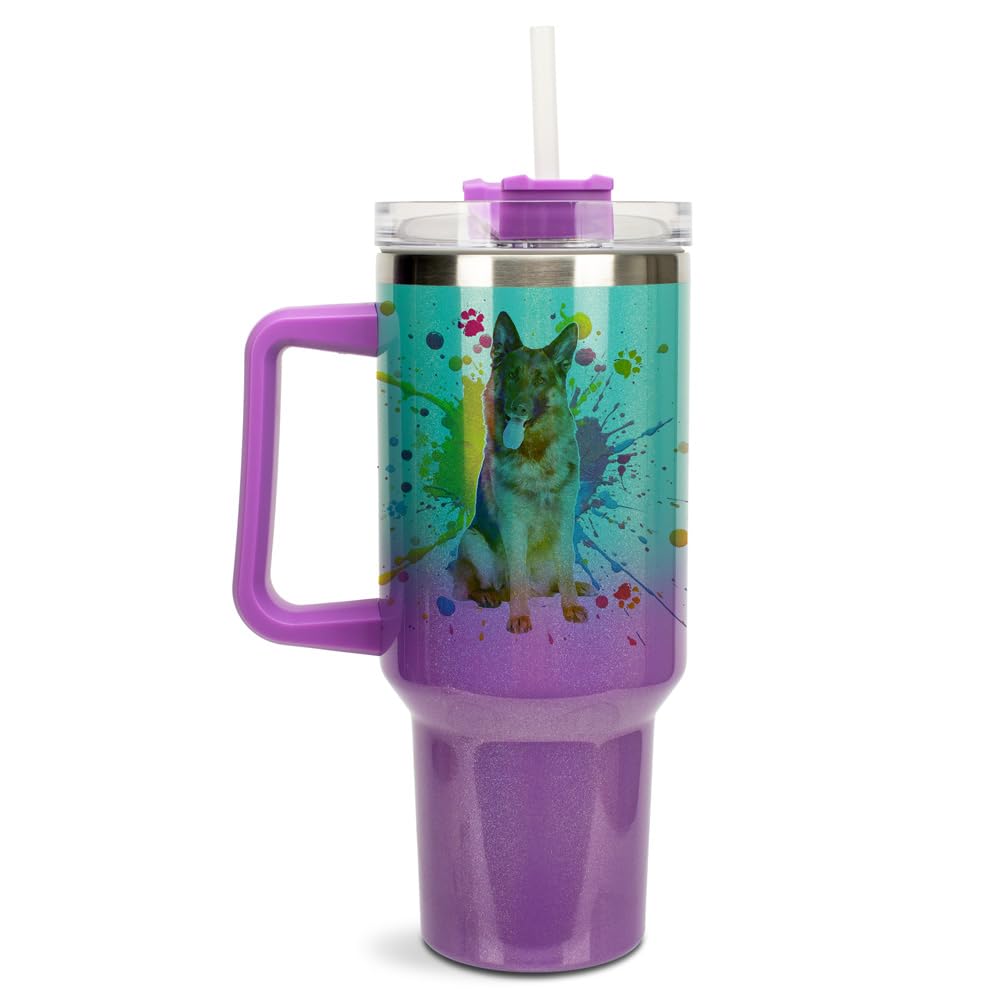 100 North Lucky 4 Leaf Clover Irish St. Patrick's Shamrock Wrap-Around 40 Oz. Stainless Steel Water Bottle Coffee Mug, Spill & Leak Resistant, Travel Tumbler with Handle, Lid & Straw, Teal & Purple