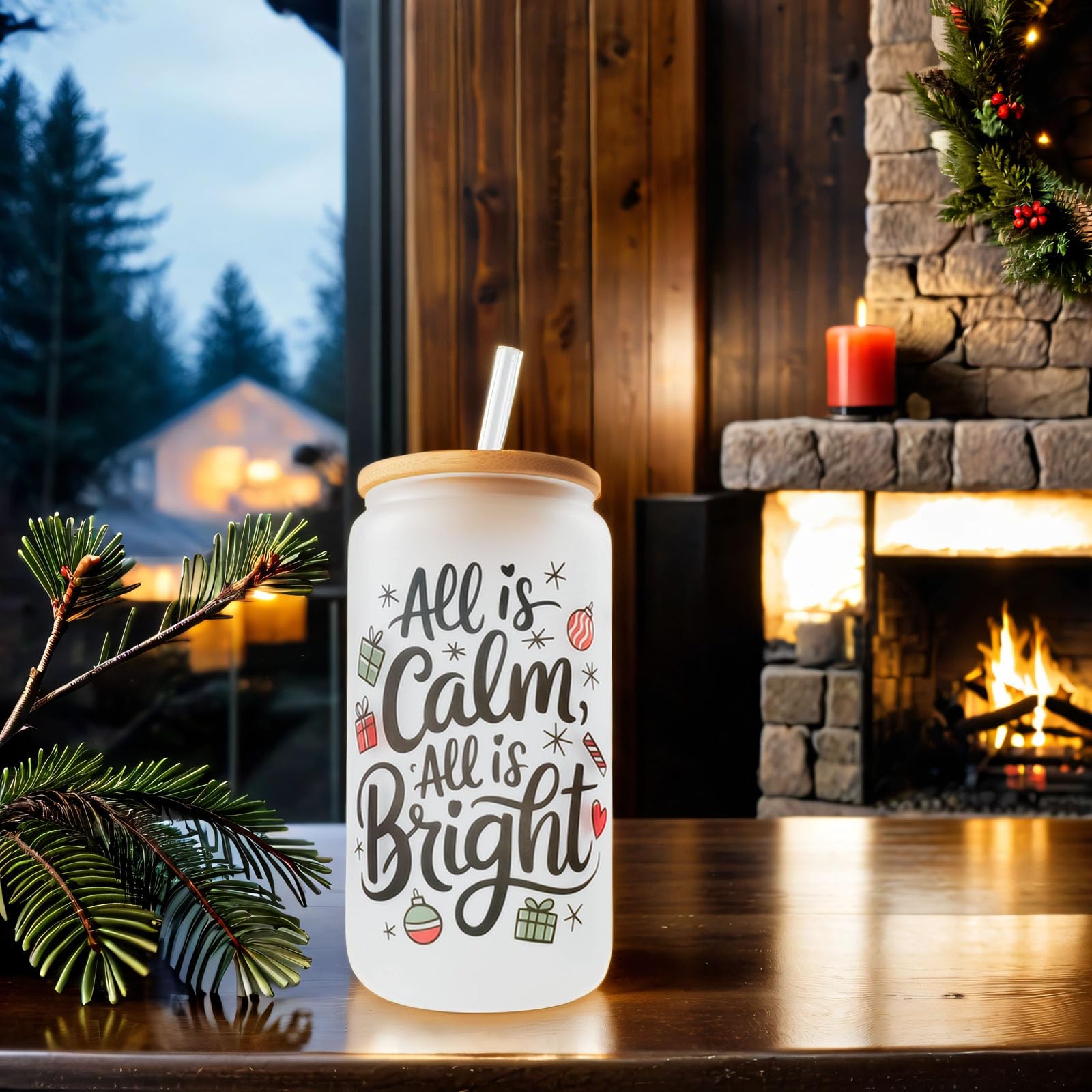Hogg 16oz Christmas Glasses - Silent Night Design, Cute Christmas Stuff, Glass Cup with Lid and Straw, Xmas Gifts for Women