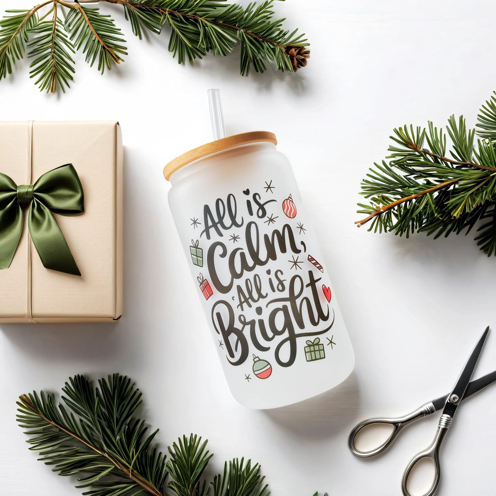 Hogg 16oz Christmas Glasses - Silent Night Design, Cute Christmas Stuff, Glass Cup with Lid and Straw, Xmas Gifts for Women