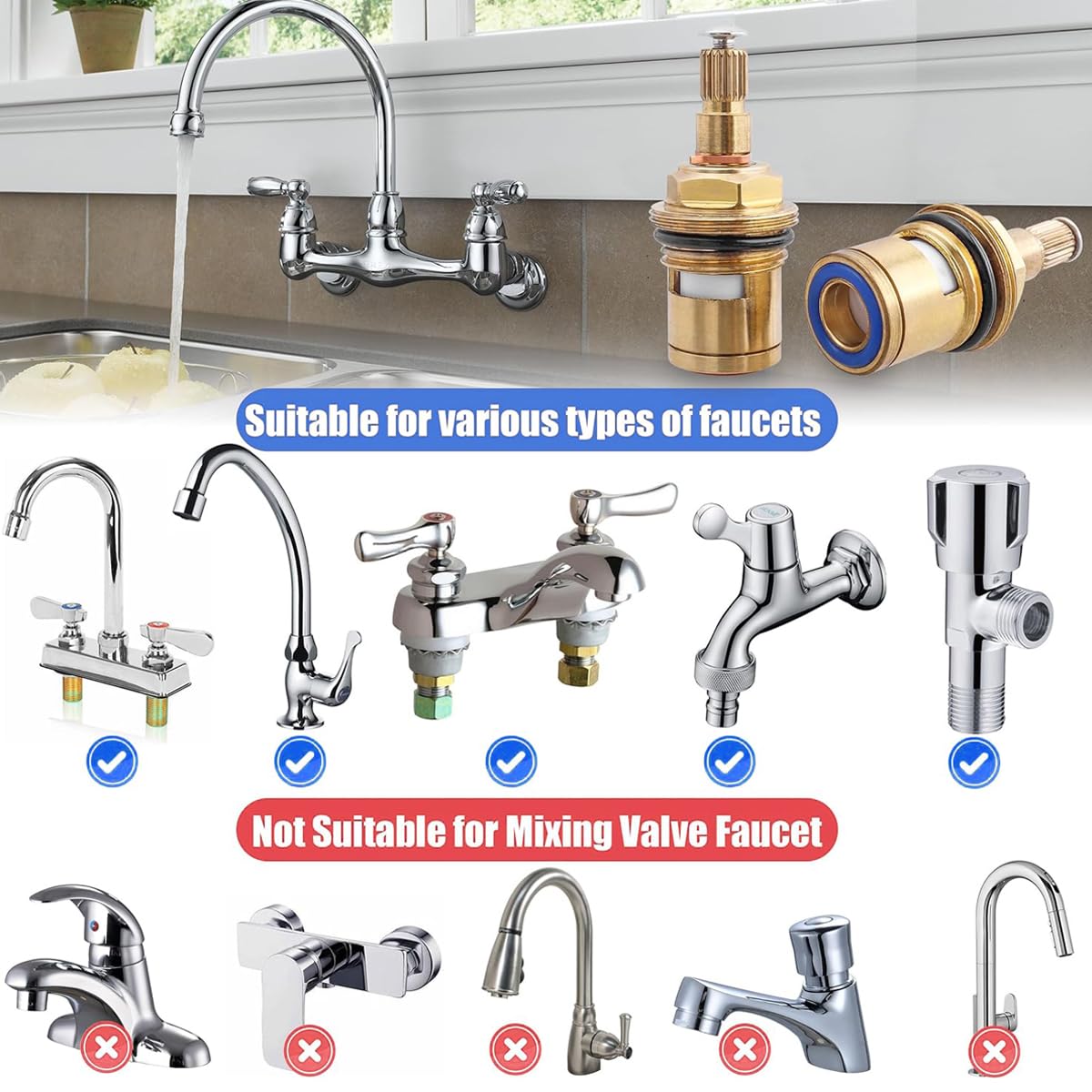 Wolfride 2Pcs Faucet Cartridge Replacement, 20 Teeth G1/2" Brass Ceramic Stem Disc Cartridge Cartridge Faucet Valve Hot and Cold for Bathroom Kitchen Faucets