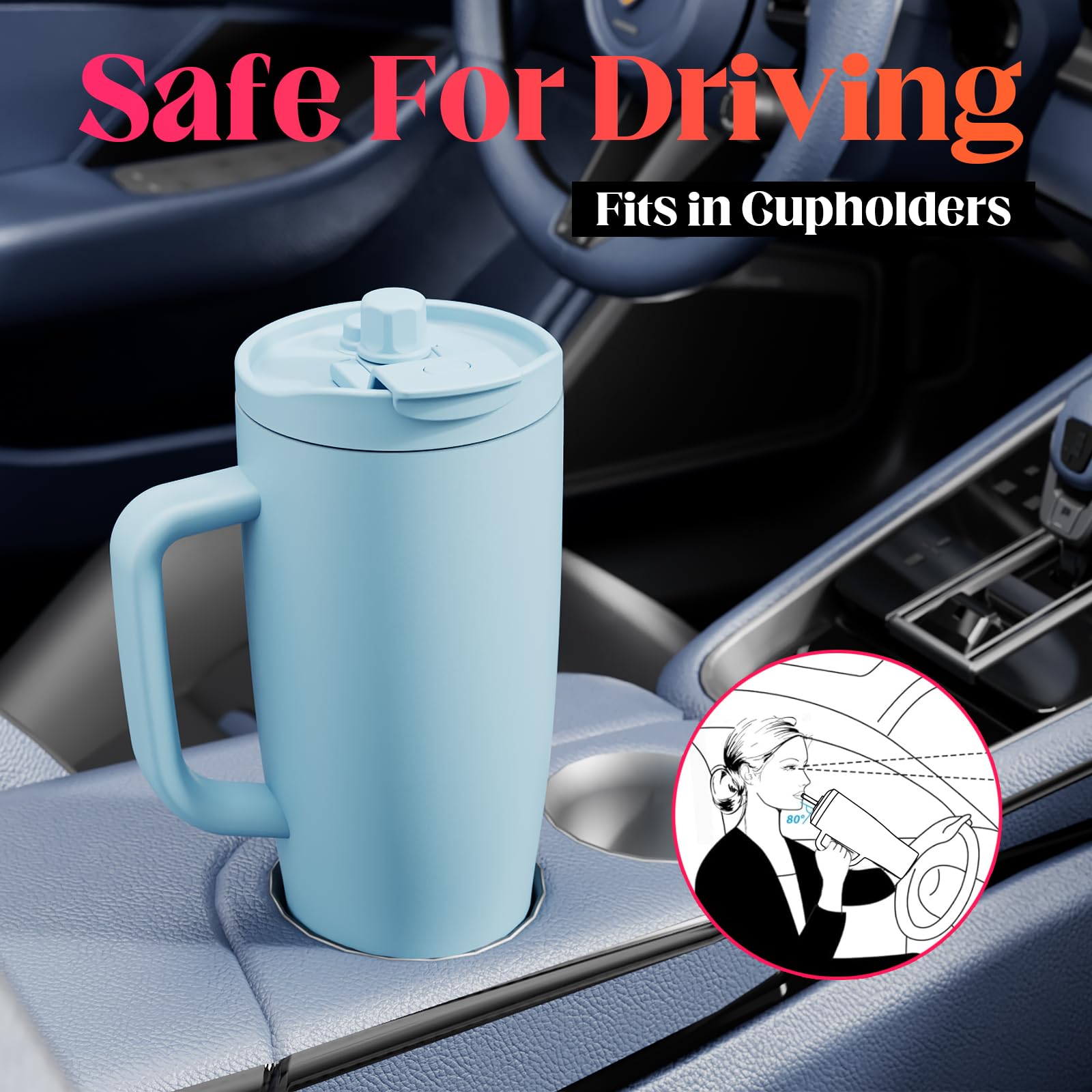 FOHGEE 40oz Tumbler with Handle and Straw Lid【Magnetic lid + Removable built-in straw】100% Leak-proof Travel Coffee Mug, Stainless Steel Insulated Cup, Keeps Cold for 24Hrs (ChillWave Sky Breeze)