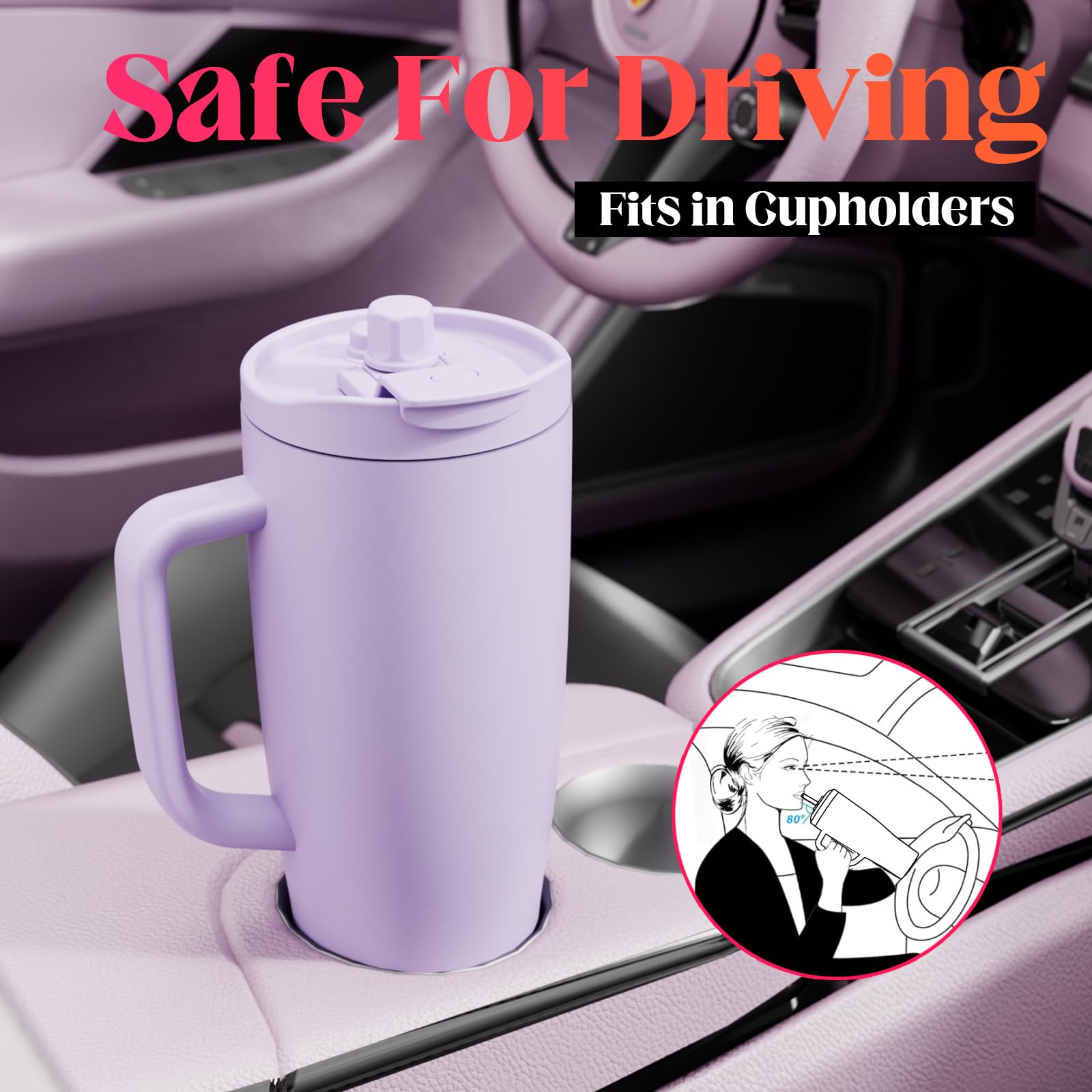 FOHGEE 40oz Tumbler with Handle and Straw Lid【Magnetic lid + Removable built-in straw】100% Leak-proof Travel Coffee Mug, Stainless Steel Insulated Cup, Keeps Cold for 24Hrs (ChillWave Purple Whirl)