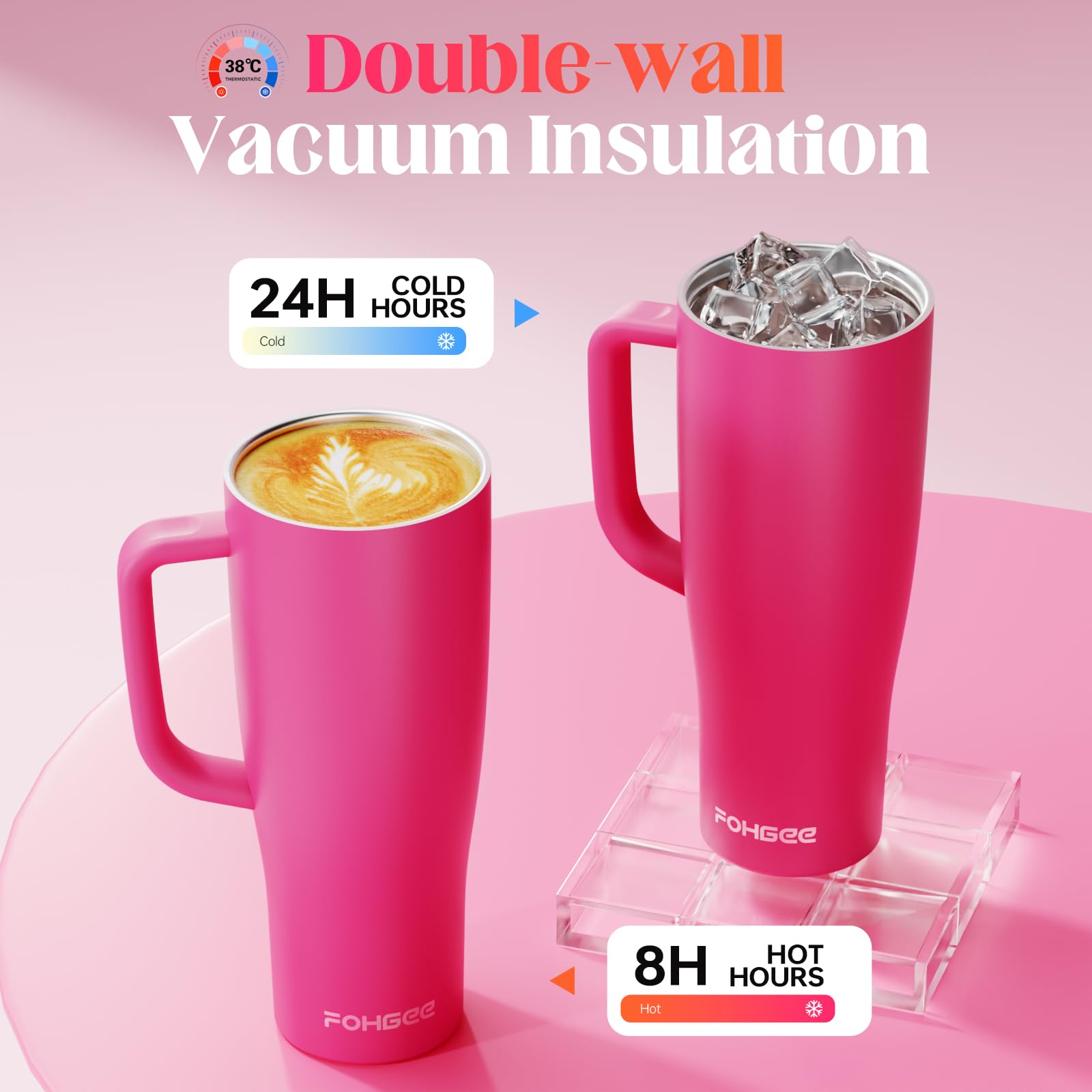 FOHGEE 40oz Tumbler with Handle and Straw Lid【Magnetic lid + Removable built-in straw】100% Leak-proof Travel Coffee Mug, Stainless Steel Insulated Cup, Keeps Cold for 24Hrs (ChillWave Rosy Bloom)