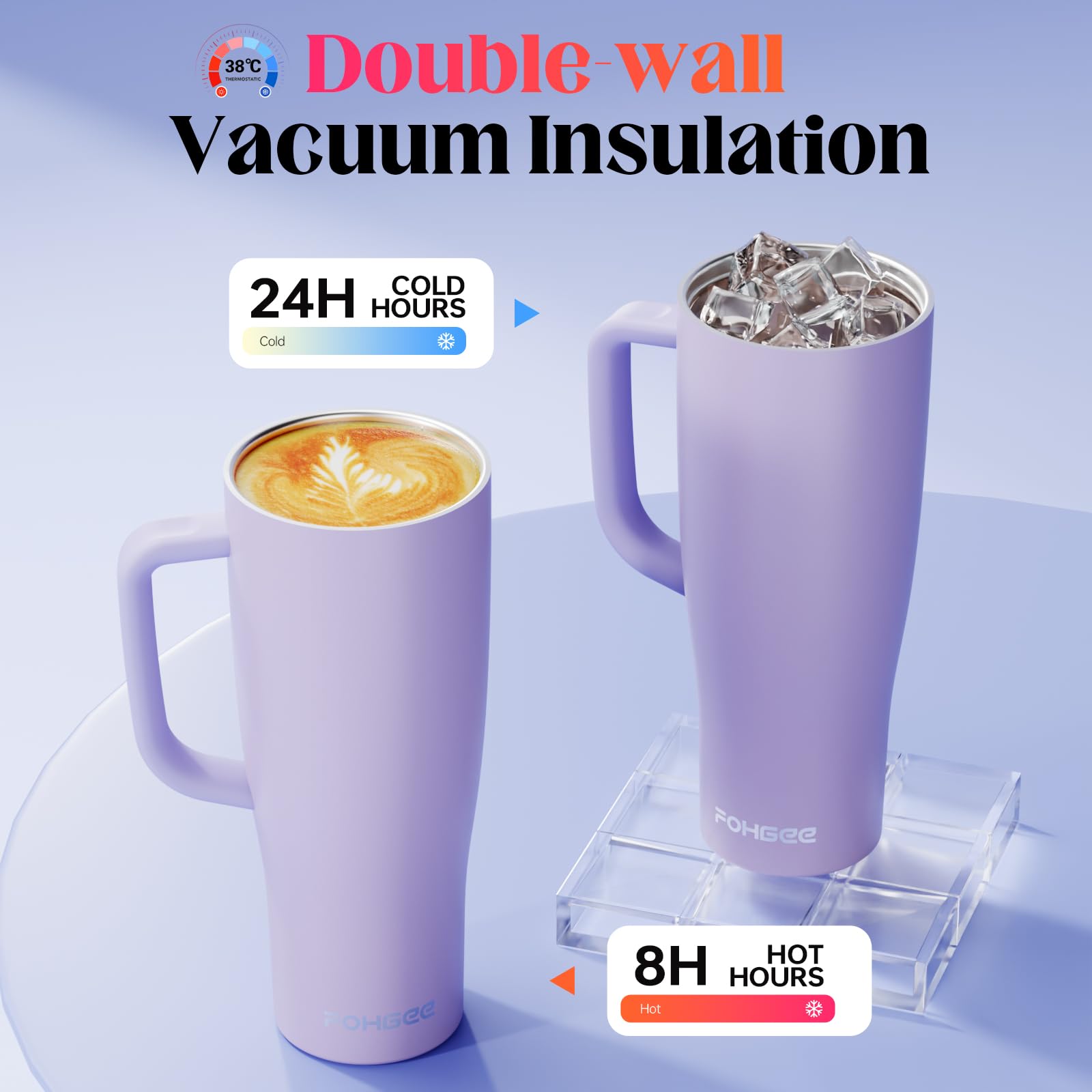 FOHGEE 40oz Tumbler with Handle and Straw Lid【Magnetic lid + Removable built-in straw】100% Leak-proof Travel Coffee Mug, Stainless Steel Insulated Cup, Keeps Cold for 24Hrs (ChillWave Purple Whirl)