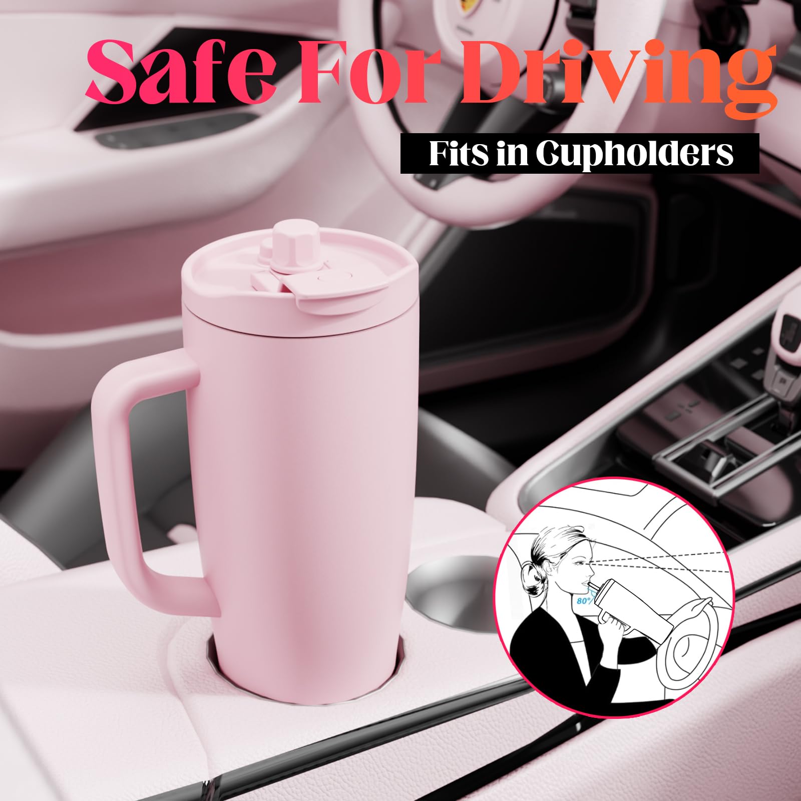 FOHGEE 40oz Tumbler with Handle and Straw Lid【Magnetic lid + Removable built-in straw】100% Leak-proof Travel Coffee Mug, Stainless Steel Insulated Cup, Keeps Cold for 24Hrs (ChillWave Pink Dream)